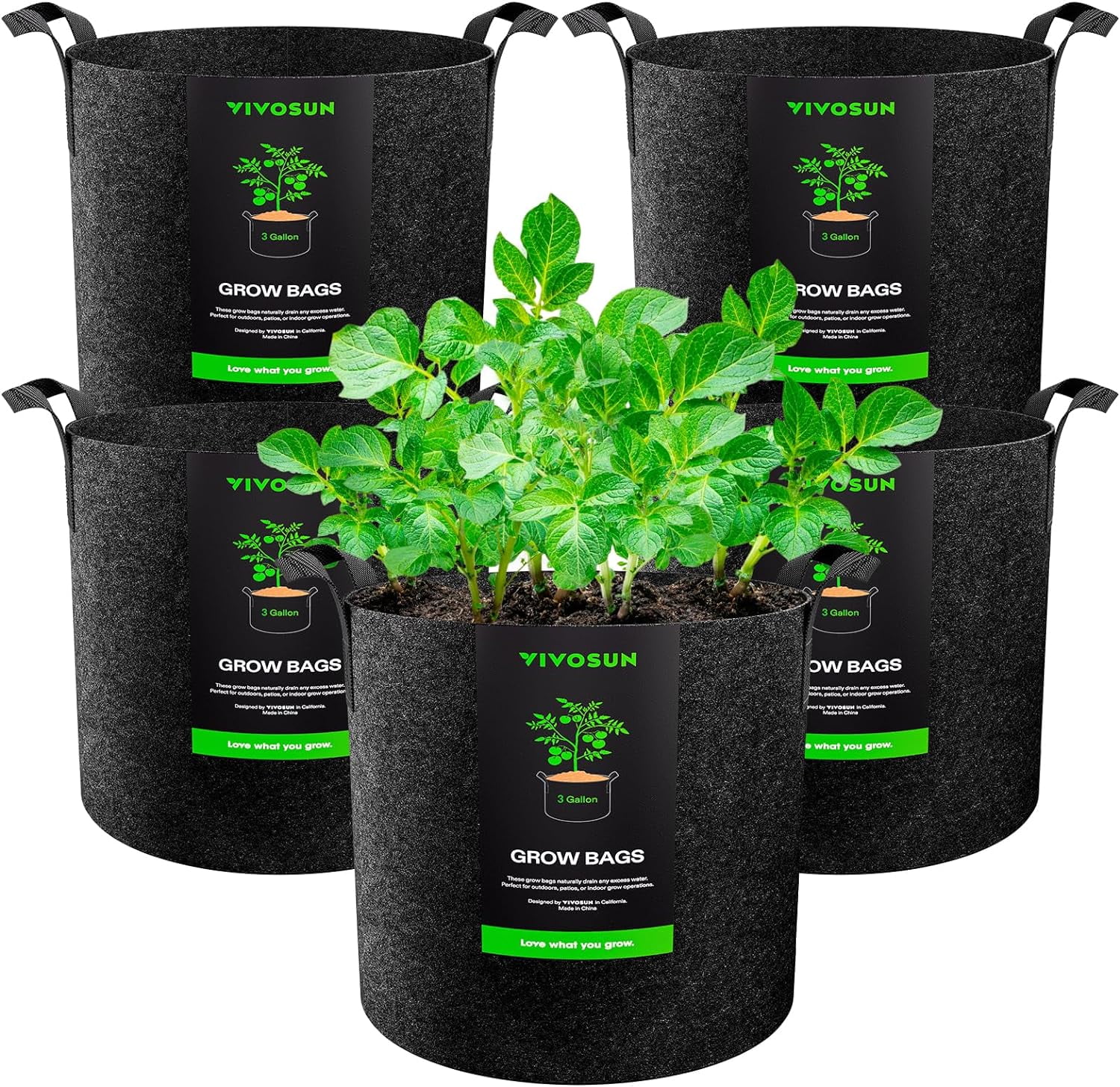 VIVOSUN 5-Pack 3 Gallon Plant Grow Bags Heavy Duty Thickened Nonwoven ...