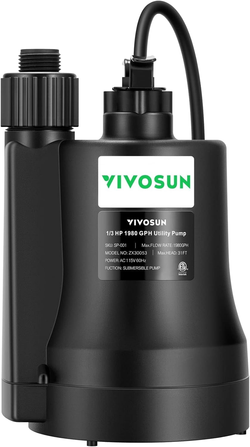VIVOSUN 1/3HP Submersible Sump Pump, Compact Utility Water Pump with ...