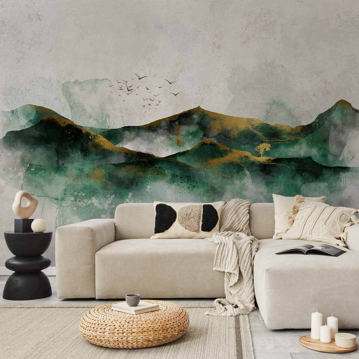 VIVYET Wall Mural - Abstract landscape - green mountains with golden ...