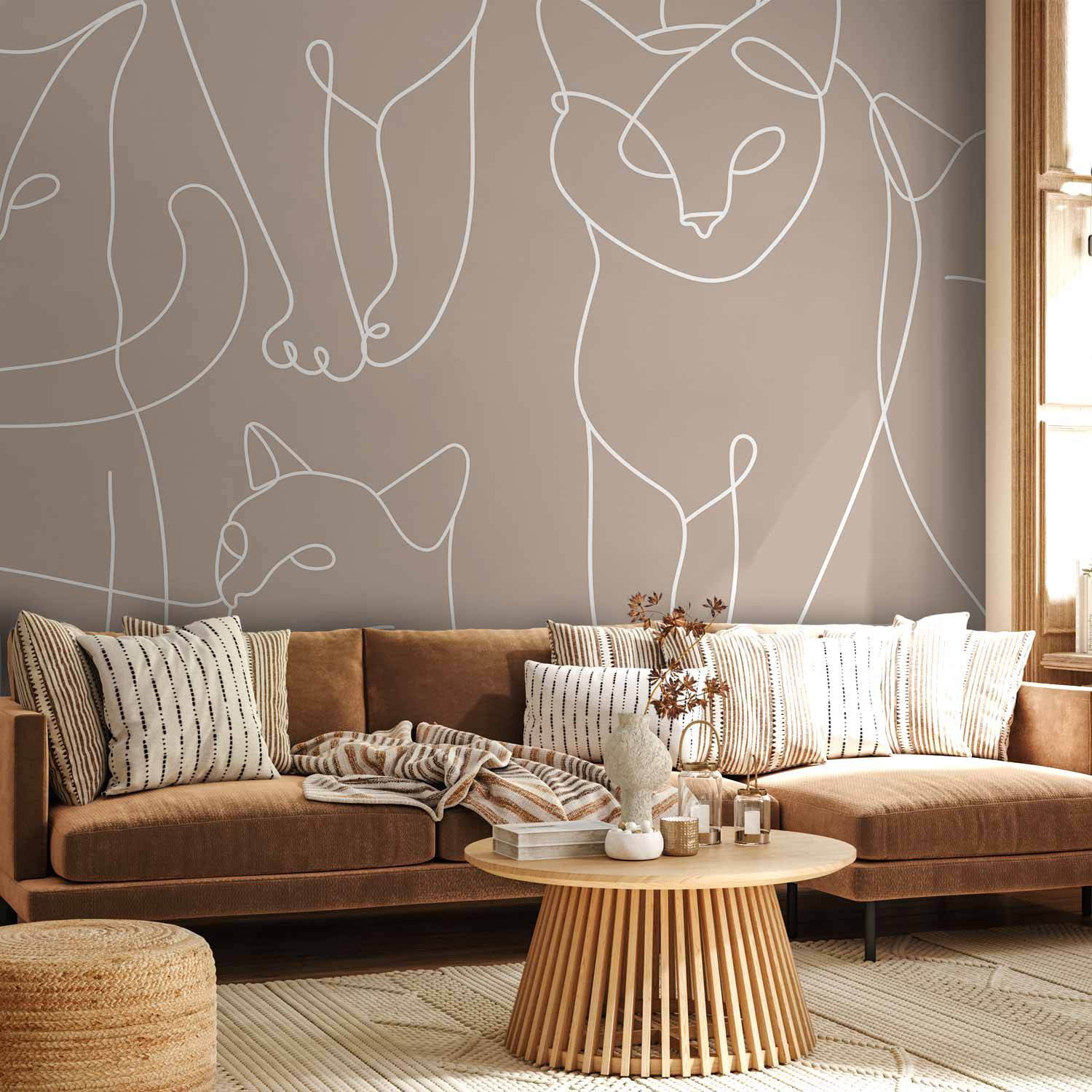 VIVYET Wall Mural - Cat lineart - minimalist sketches of white cats on ...