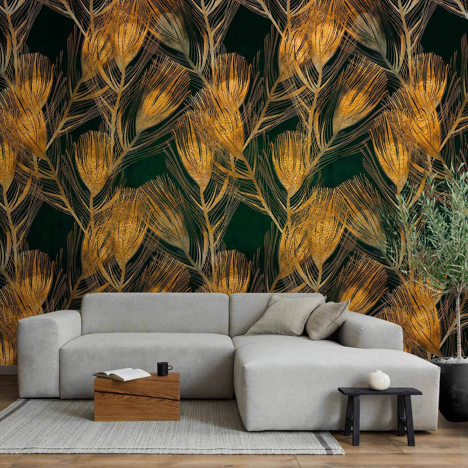 VIVYET Wall Mural - Golden peacock feathers - solid background with ...