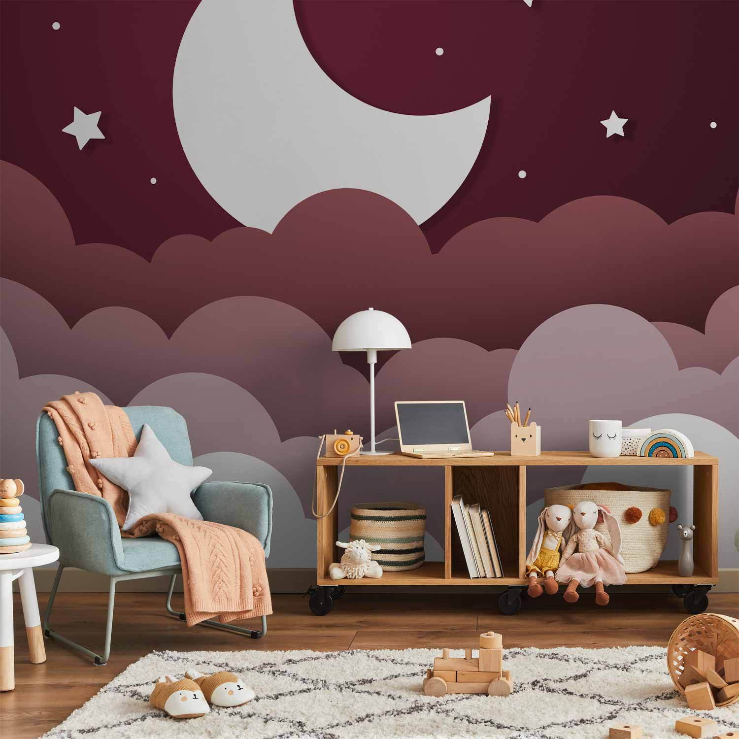VIVYET Wall Mural - Moon dream - clouds in a maroon sky with stars for ...