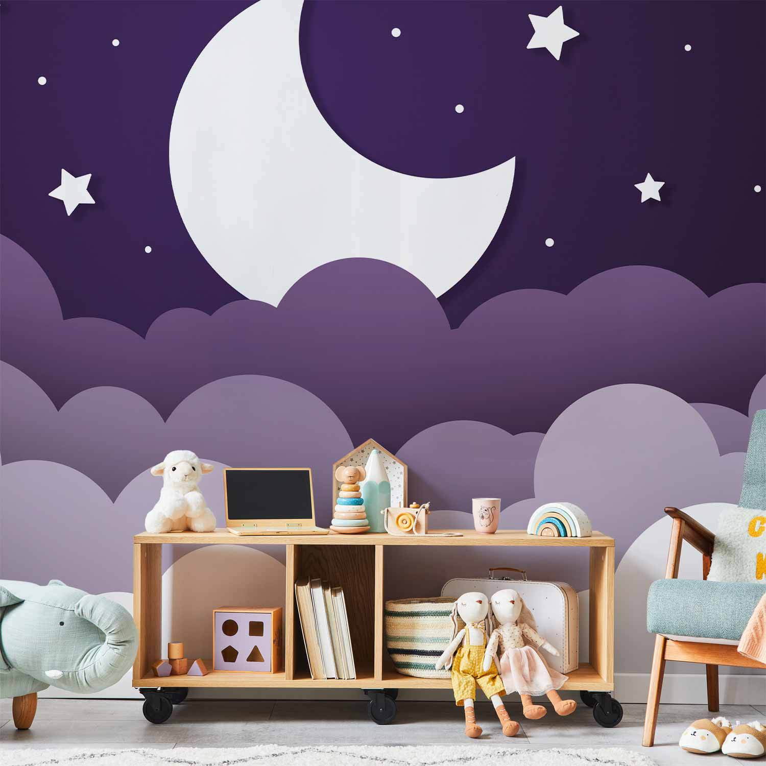 VIVYET Wall Mural - Moon dream - clouds in a purple sky with stars for ...