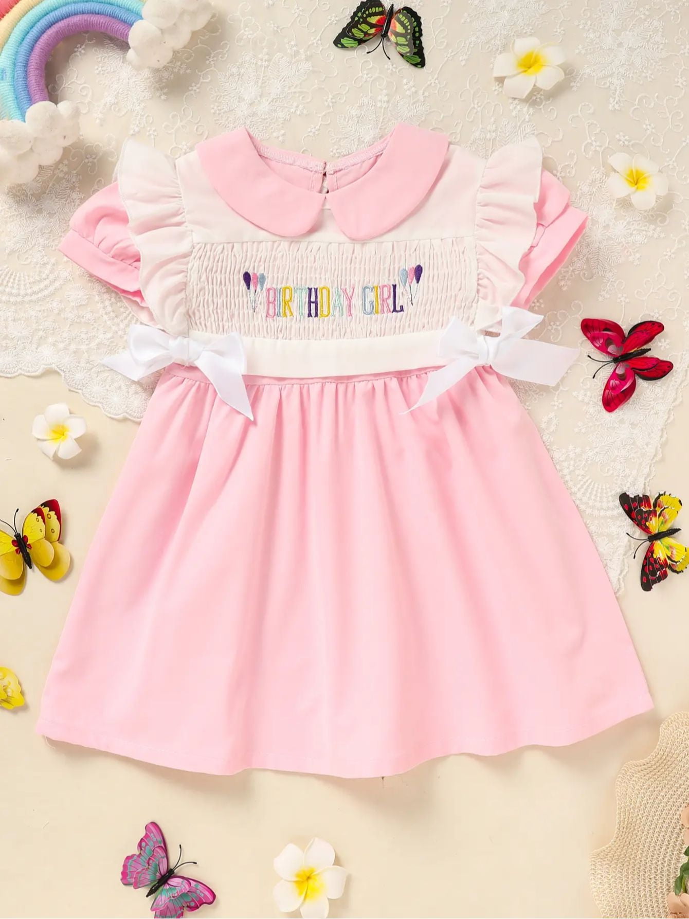 VIWORLD Girls' Pink Smocked Birthday Dress Short Sleeve with Detachable ...