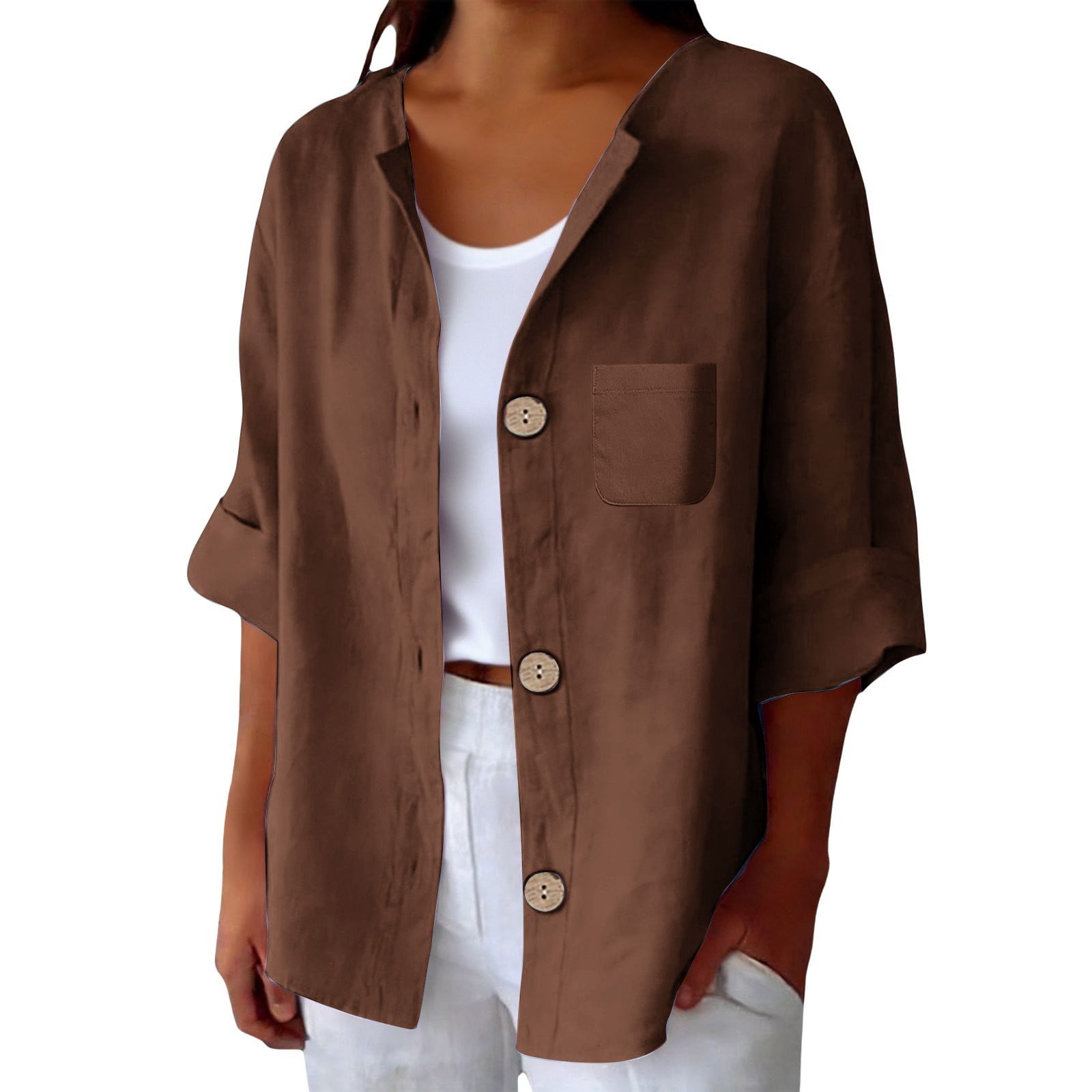 VJGBEGW 3/4 Length Sleeve Womens Tops Button Down Shirts Cotton Linen ...