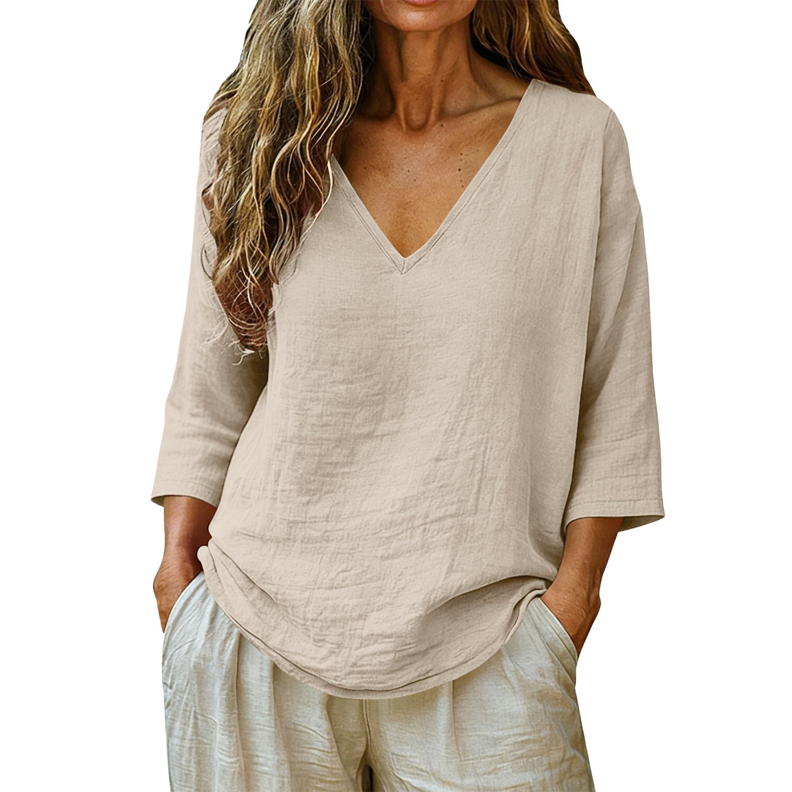 VJGBEGW Women Casual V Neck 3/4 Sleeve Cotton Linen Blouse Loose Fit ...