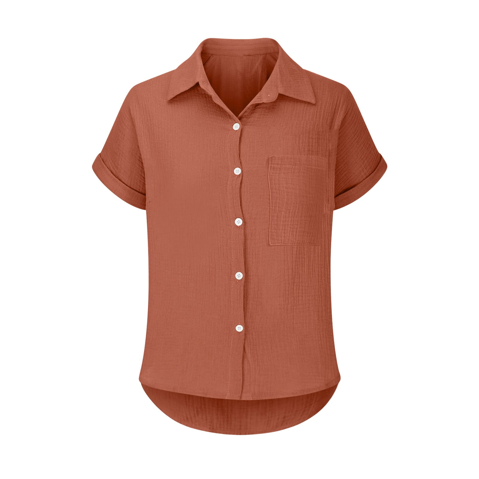 VJGBEGW Women Chest Pocket Collared Button Down Blouse Crinkle Textured ...