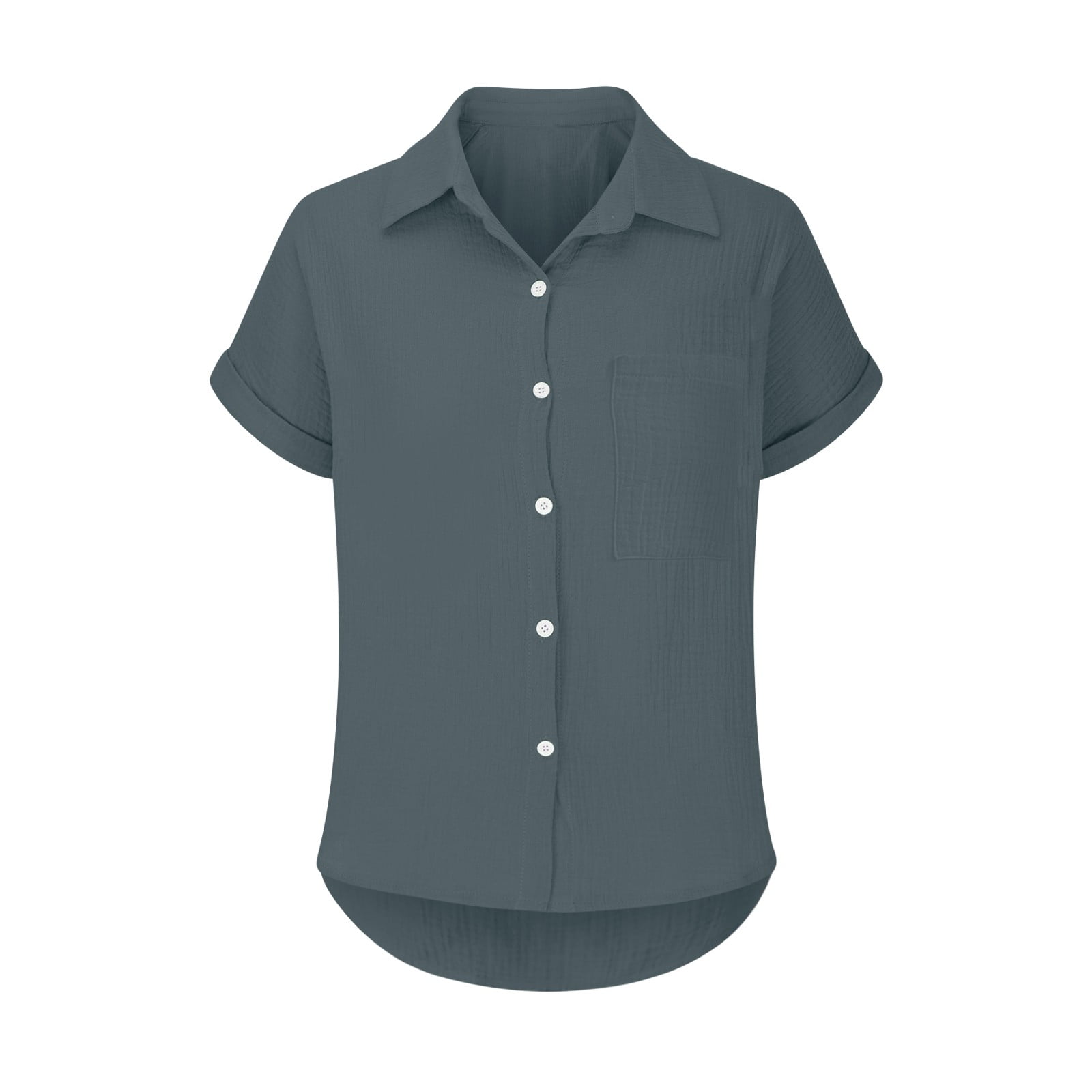 VJGBEGW Women Chest Pocket Collared Button Down Blouse Crinkle Textured ...