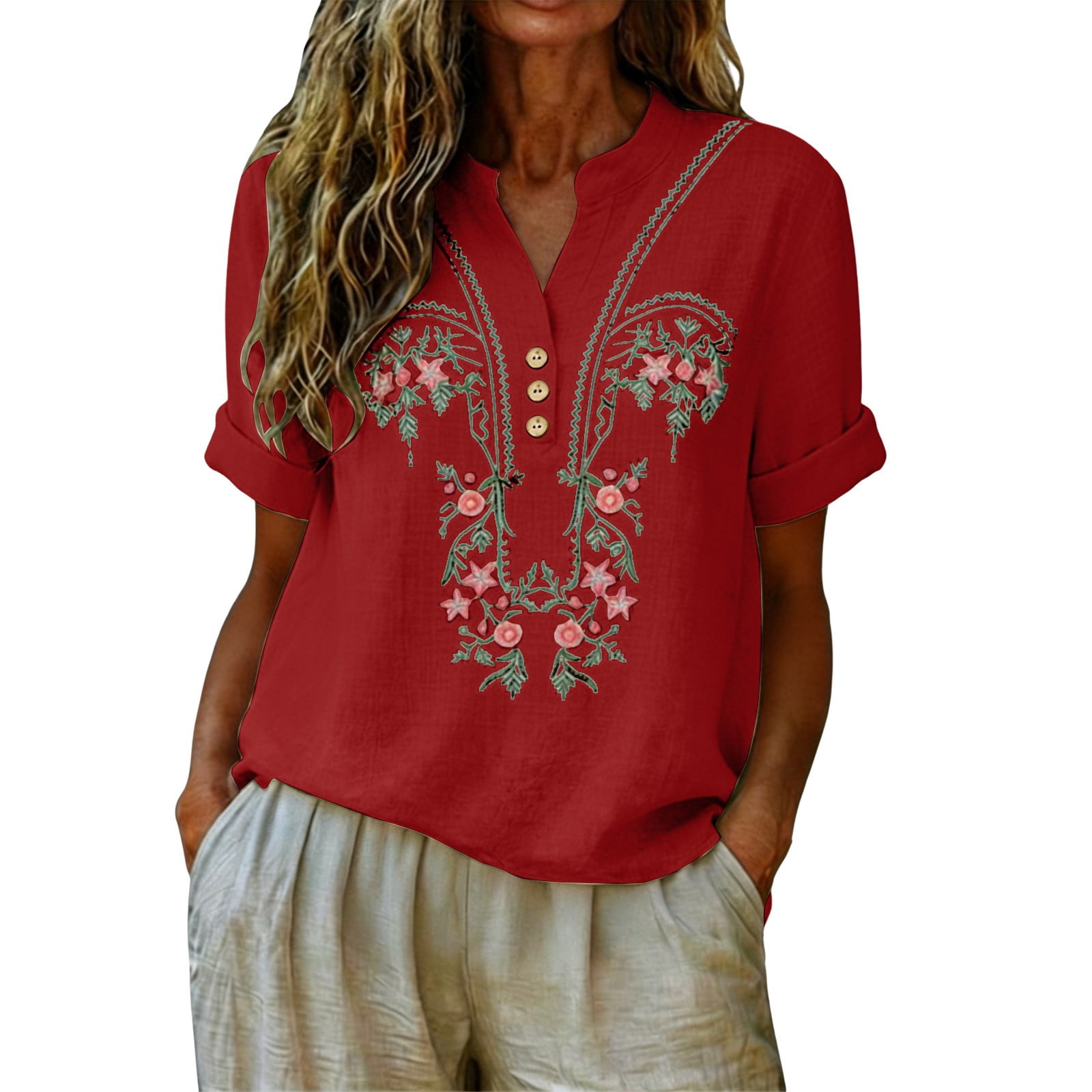VJGBEGW Women Cotton Linen Tops Embroidered Short Sleeve Bohemian ...