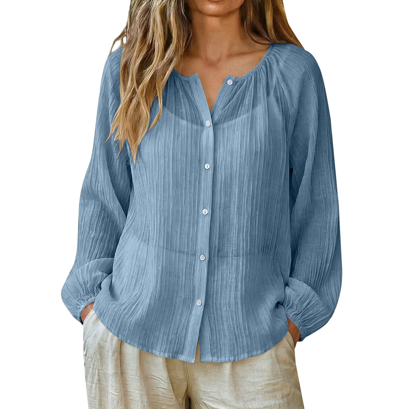 VJGBEGW Women's Cotton Linen Blend Stand Collar Half Sleeve Blouse ...