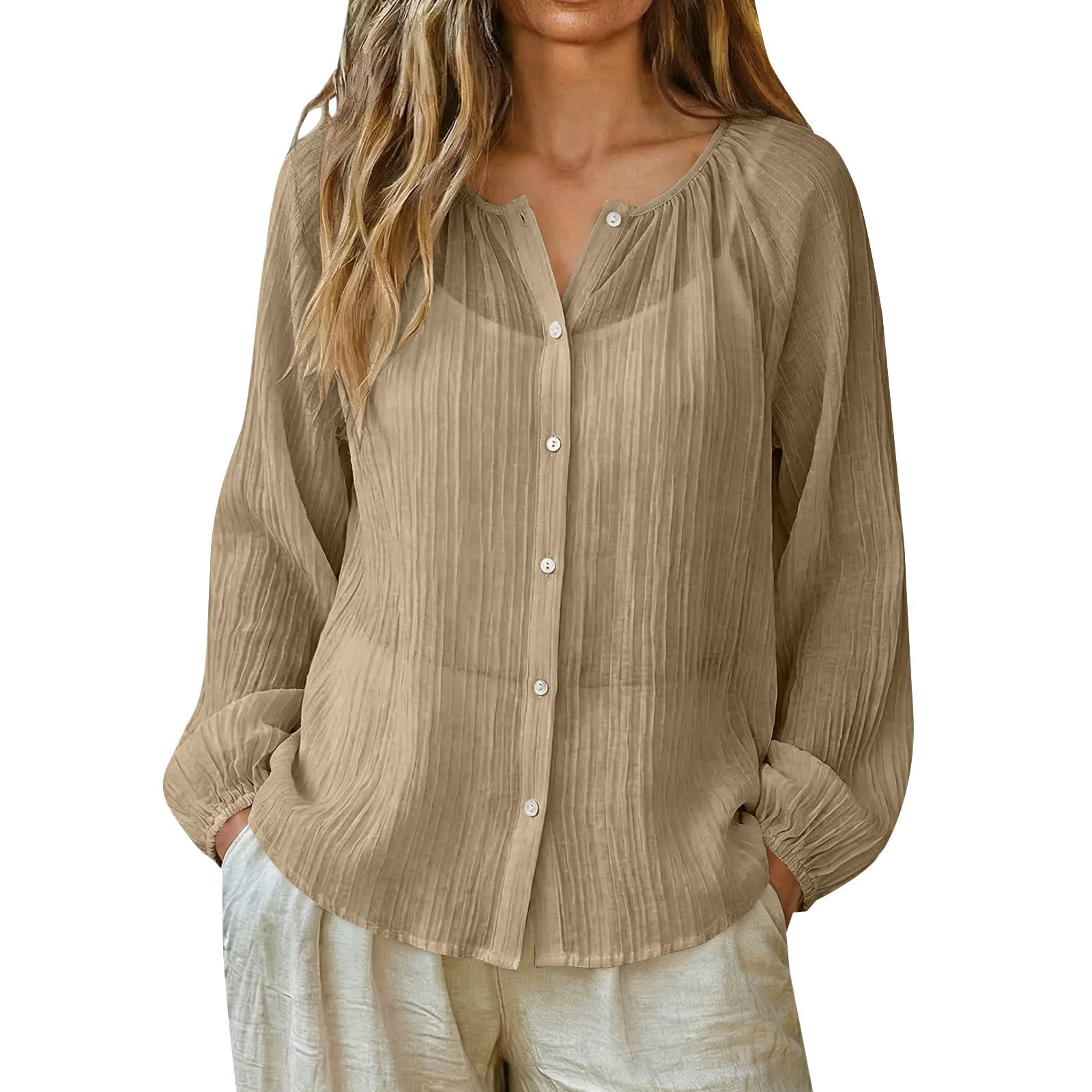 VJGBEGW Women's Cotton Linen Blend Stand Collar Half Sleeve Blouse ...