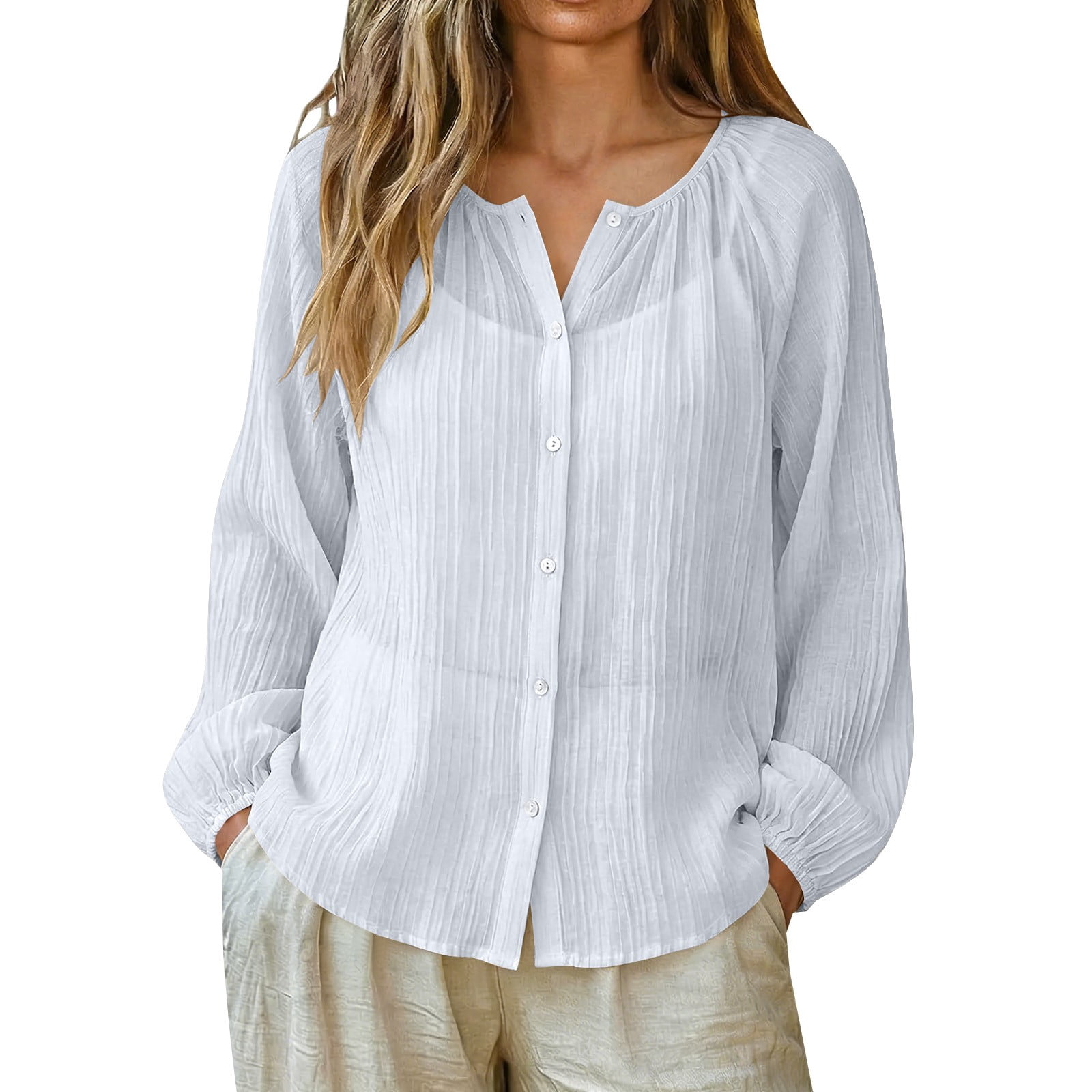 VJGBEGW Women's Cotton Linen Blend Stand Collar Half Sleeve Blouse ...