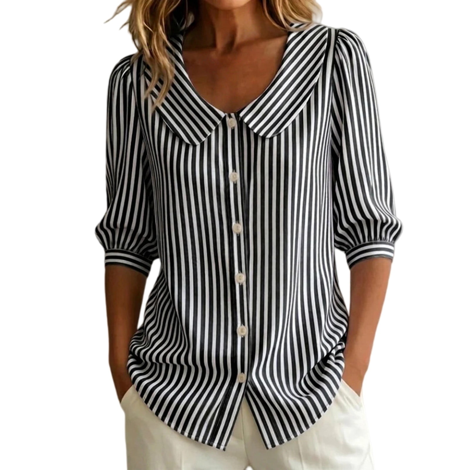 VJGBEGW Women's Cotton Linen Blend Stand Collar Half Sleeve Blouse ...