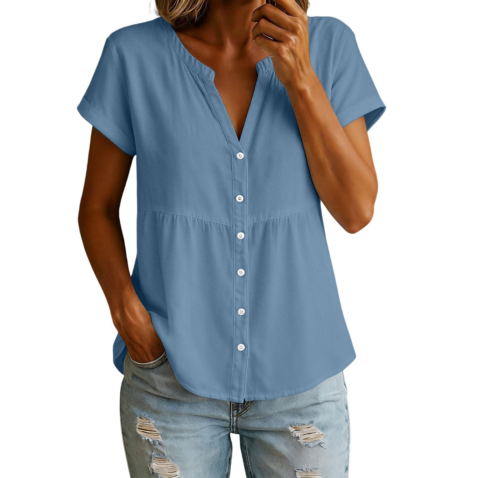 VJGBEGW Women's Cotton Linen Blend Stand Collar Tunic Tops Button Down ...