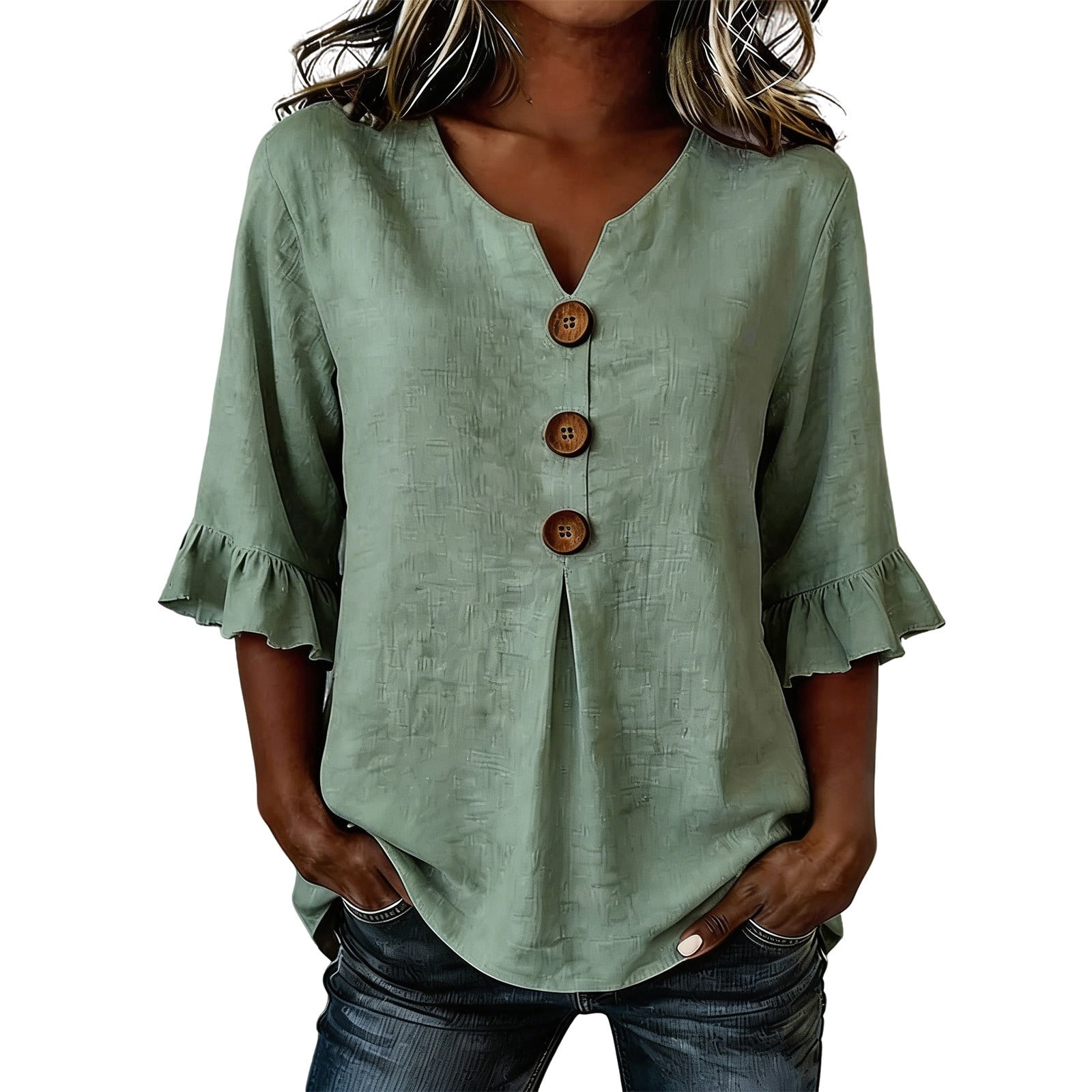 VJGBEGW Womens Boho Tops Cotton Linen Ruffle 3/4 Sleeve Blouses V Neck ...