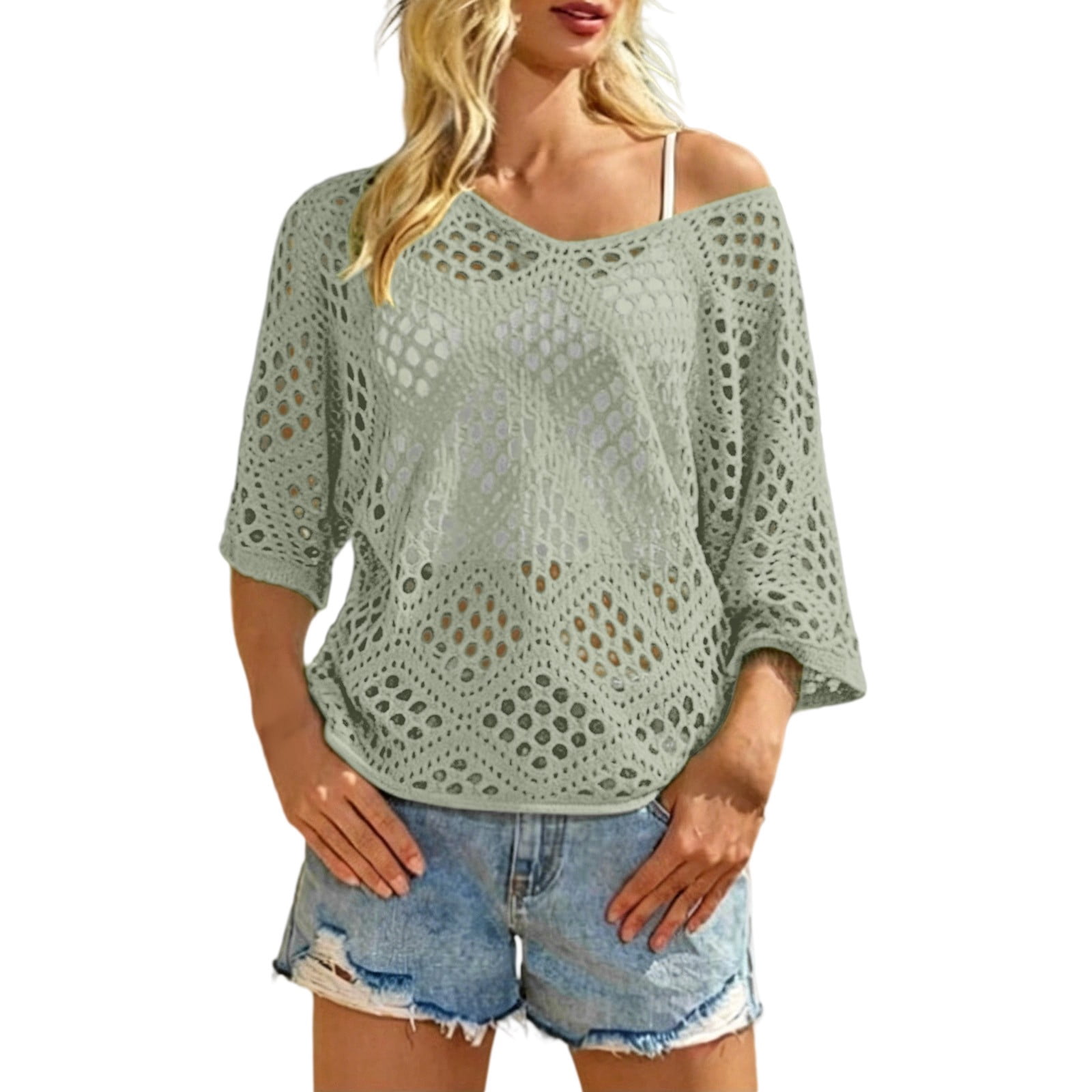VJGBEGW Womens Summer Tops Hollow Out Beach Knit Crochet Cover Ups V ...