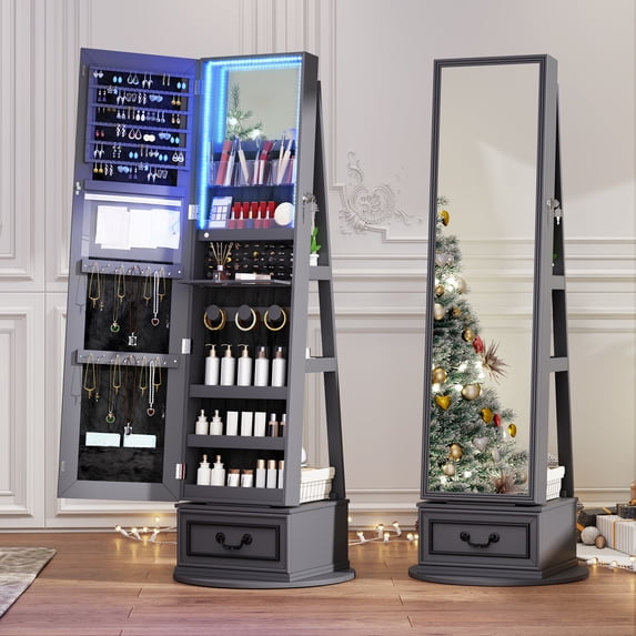 VKCC 63.4" Rotating Jewelry Armoire with Full-Length Mirror, LED Lights ...