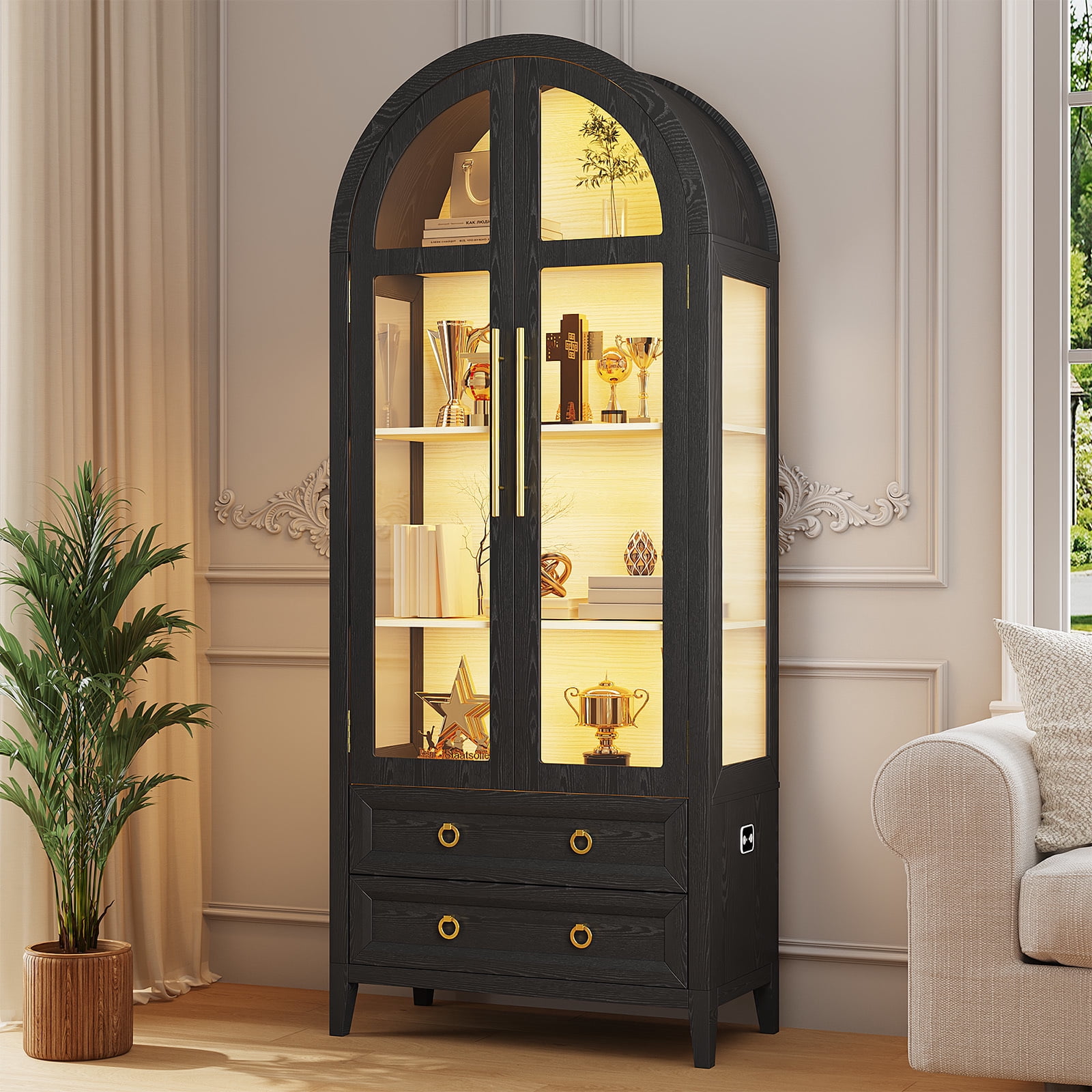 VKCC 70.8" Storage Cabinet with LED, Arched Glass Door & Drawers ...