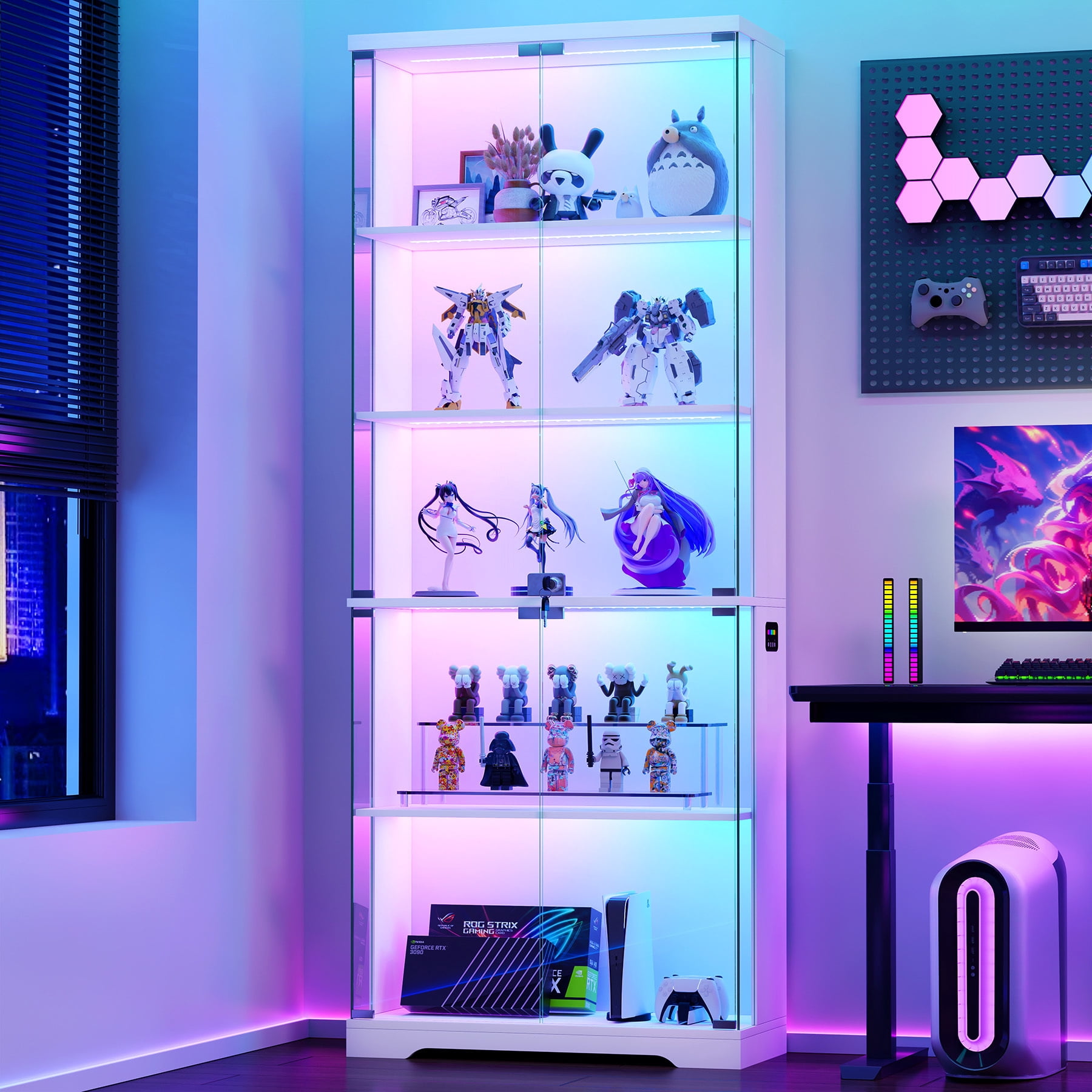 VKCC Display Cabinet with Glass Door, Lockable Curio Cabinet with RGB ...