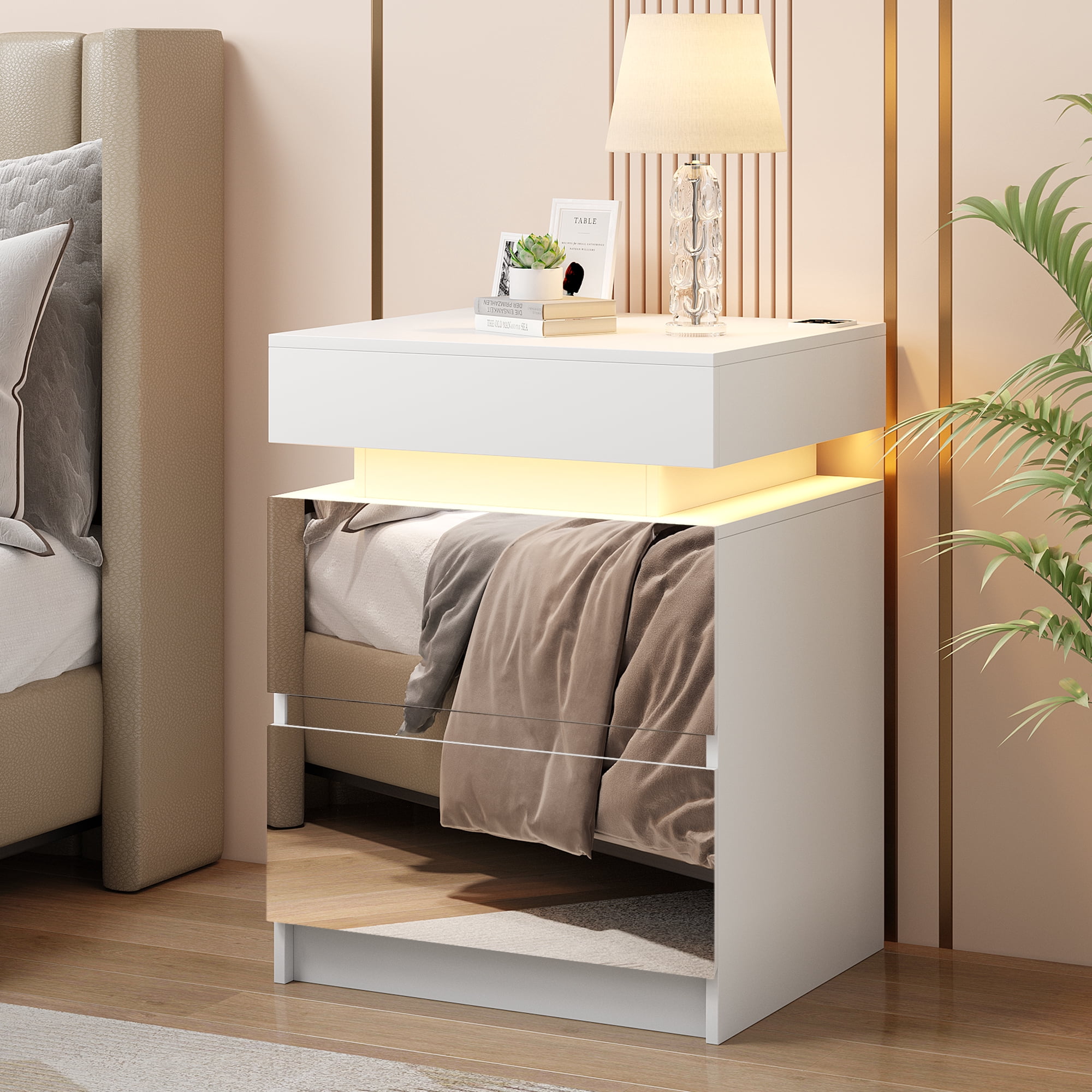 VKCC LED Nightstand Bedside Table with 2 Drawers,Night Stand with with ...