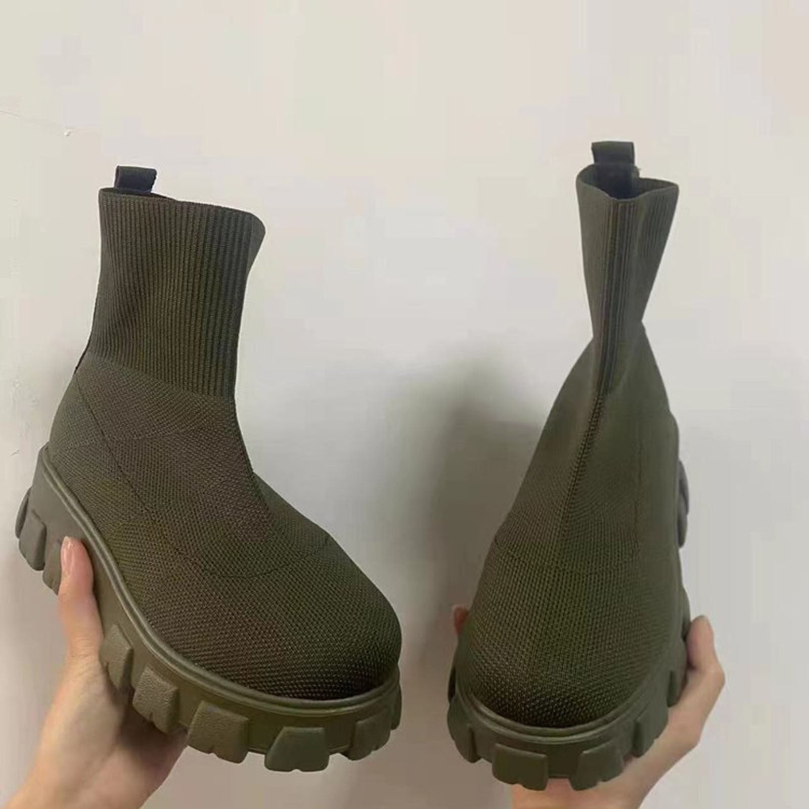 VKEKIEO Ankle Boots Round Toe High Heel Walking Shoes Buckle Army Green ...