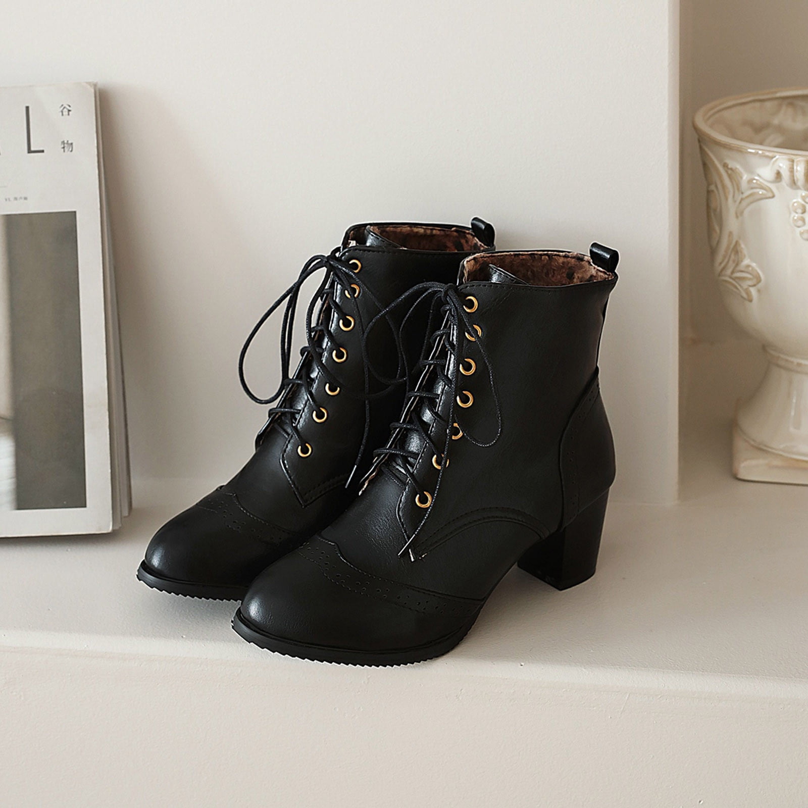 VKEKIEO High Boots Round Toe High Heel Walking Shoes Lace Lace-Up Black ...