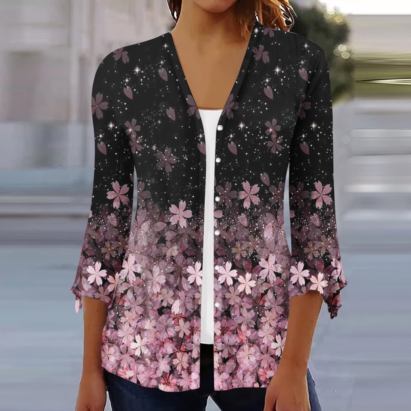 VKEKIEO Long Cardigan Scoop Neck Cardigan 3/4 Sleeve Printed 95 ...