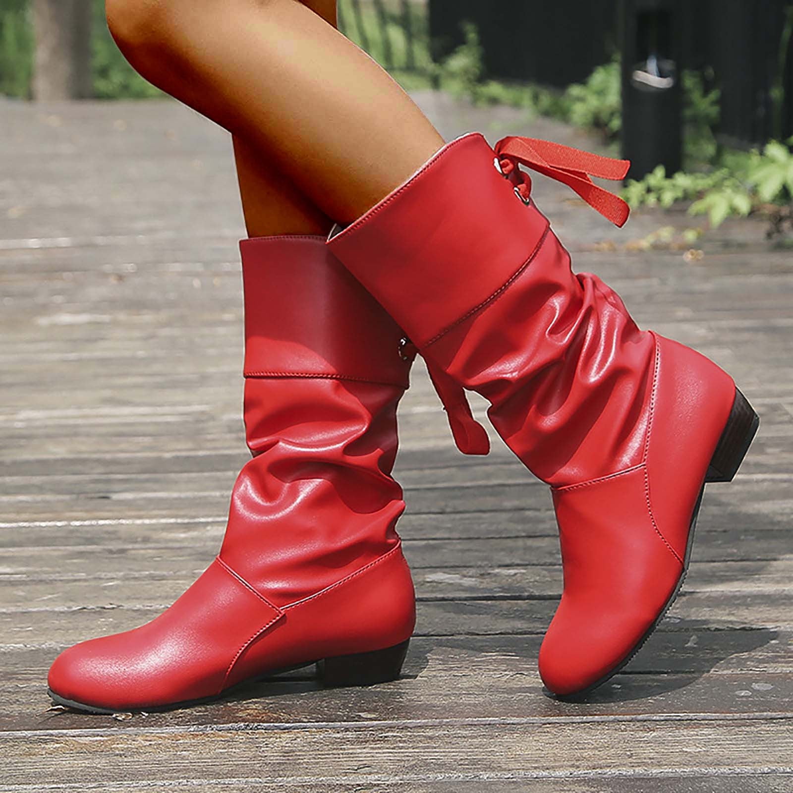VKEKIEO Mid Calf Boots For Women Round Toe High Heel Walking Shoes Lace ...