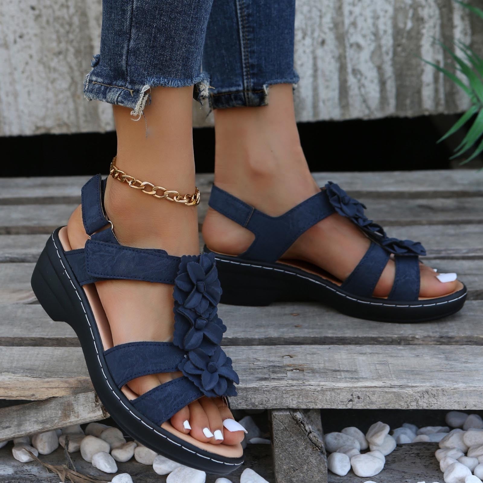 VKEKIEO Round Toe Wedge Sandals For Women Low Heel Wedge Blue - Walmart.com