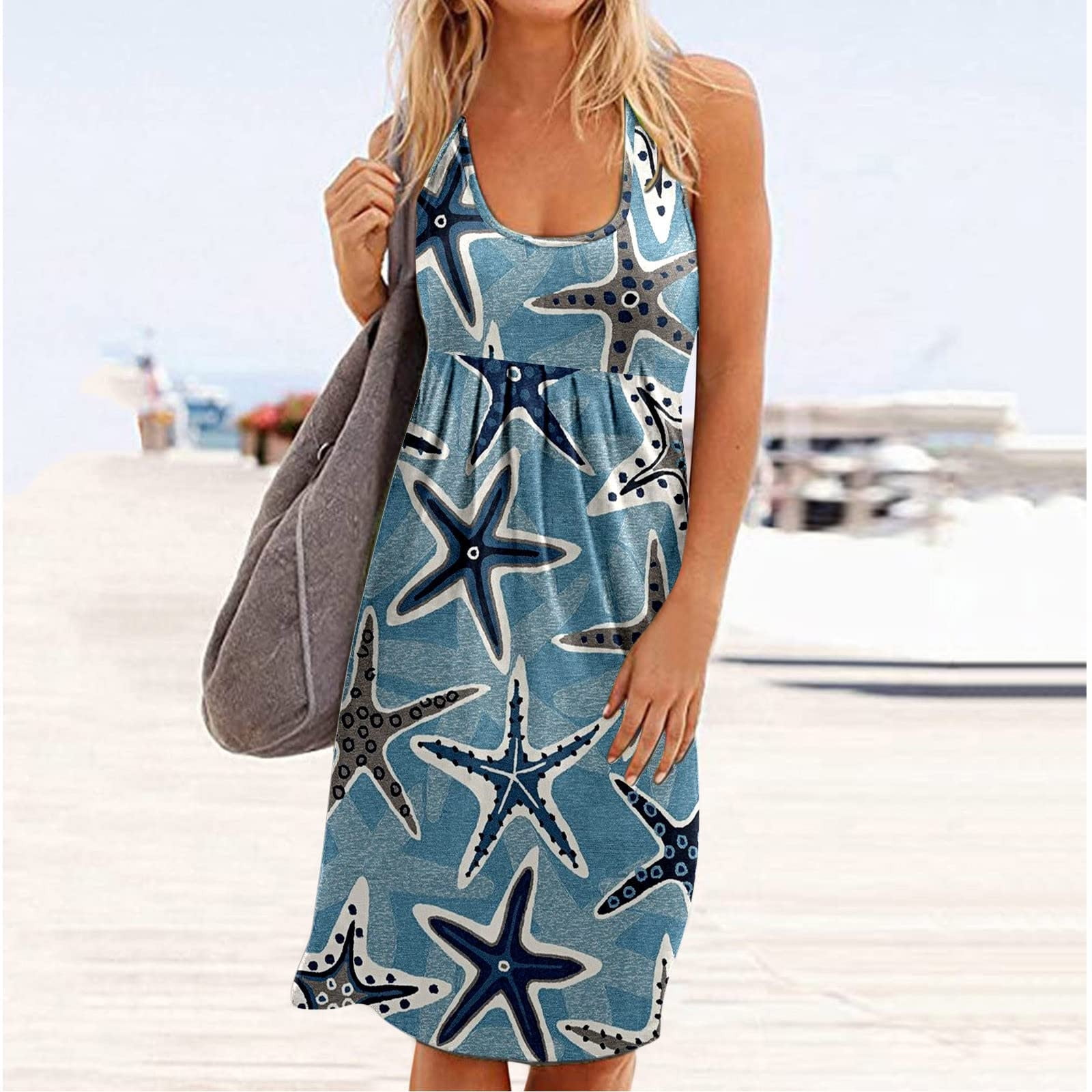 VKEKIEO Summer Beach Dresses for Women - Square Neck Smocked Loose Hem ...