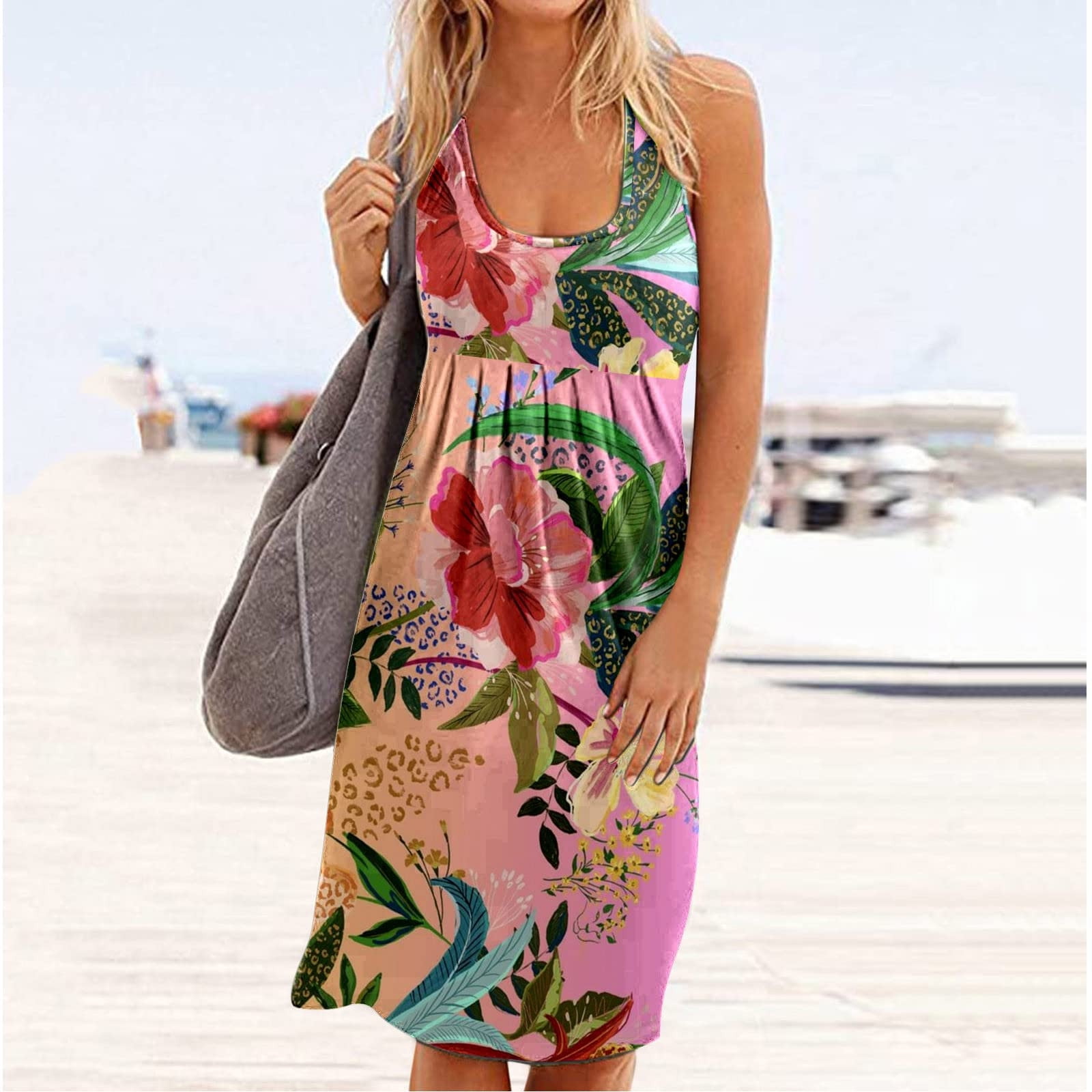 VKEKIEO Summer Beach Dresses for Women - Square Neck Smocked Loose Hem ...