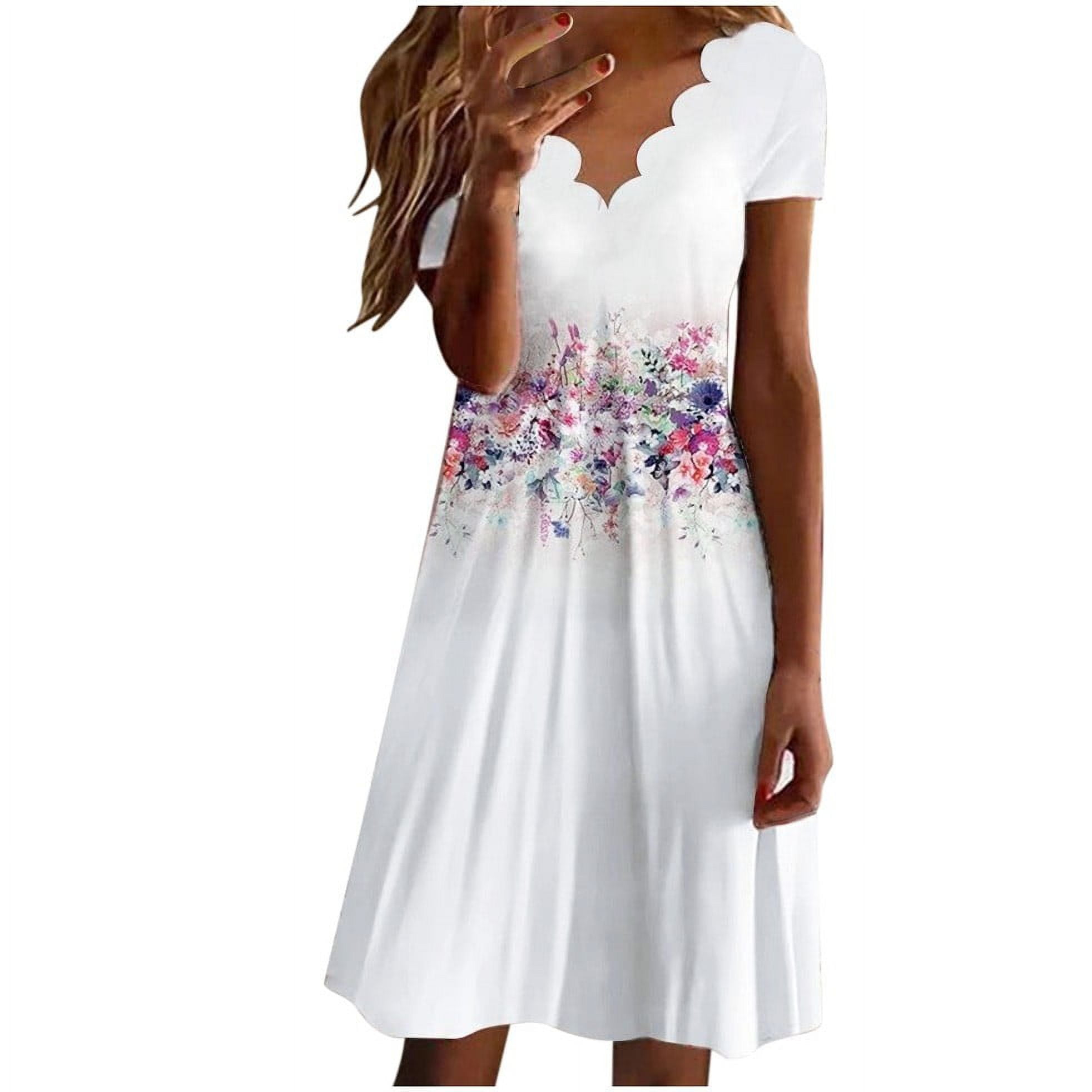 VKEKIEO Sun Dresses For Women Casual V-Neck Short Sleeve Printed ...