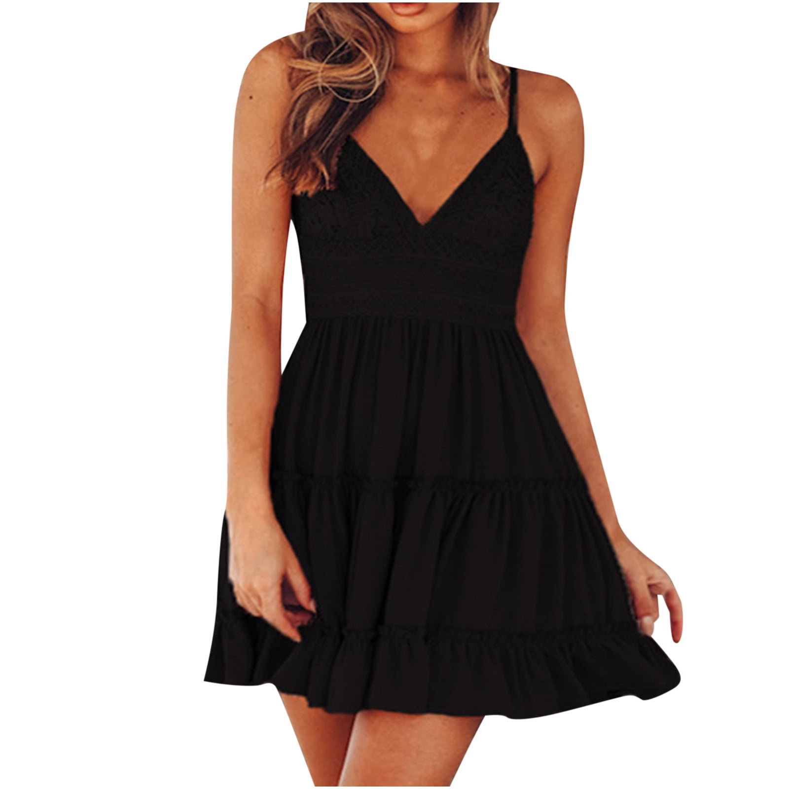 VKEKIEO Sundress Sun Dress V-Neck Sleeveless Solid Black M - Walmart.com