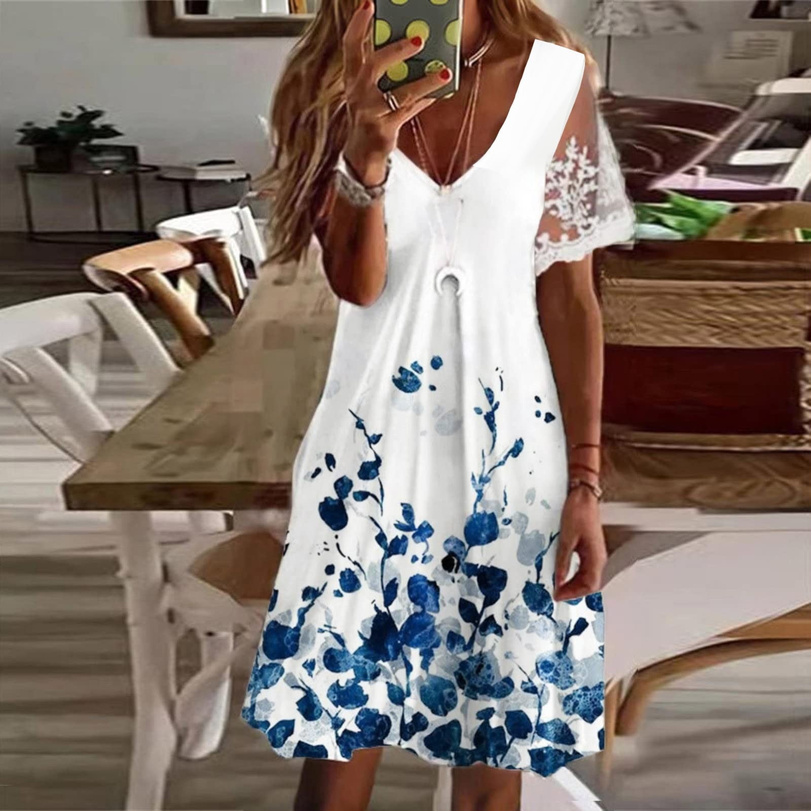 VKEKIEO Sundress With Sleeves V-Neck Off the Shoulder Sleeveless ...