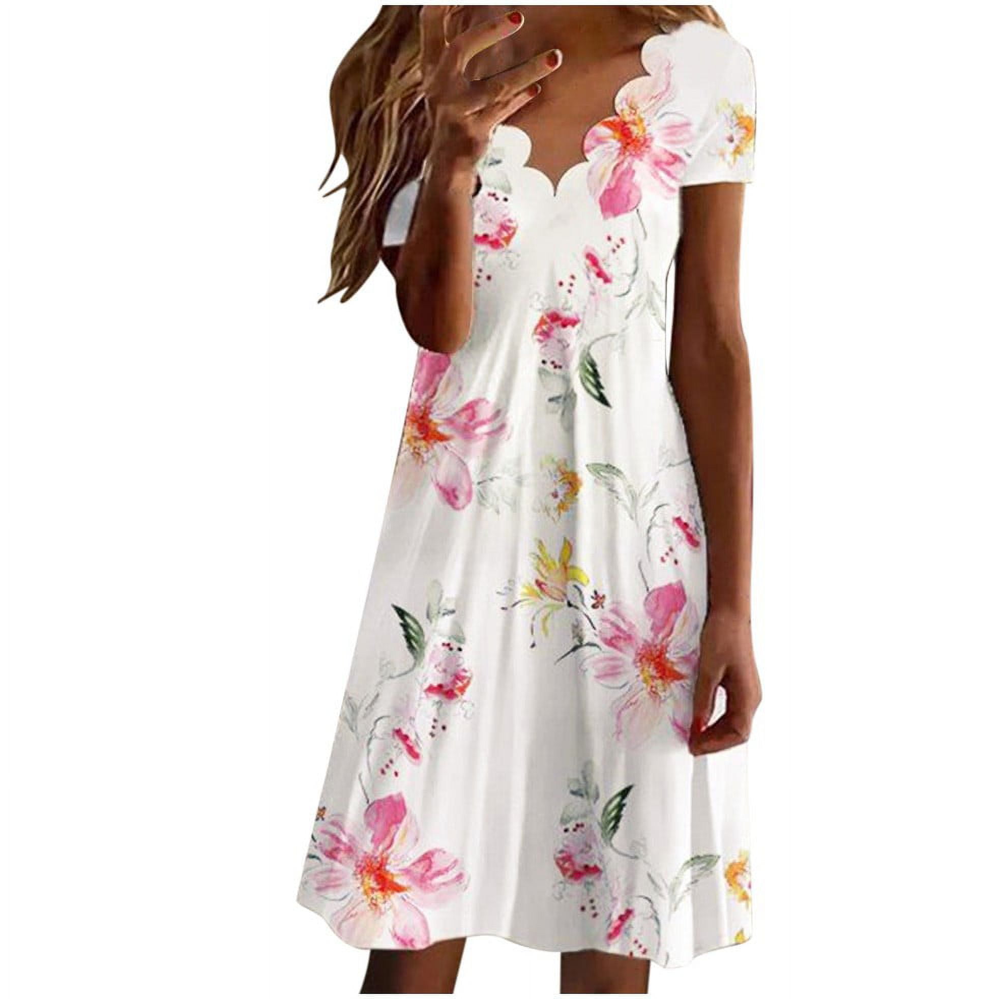 VKEKIEO Sundress With Sleeves V-Neck Short Sleeve Printed Vacation ...