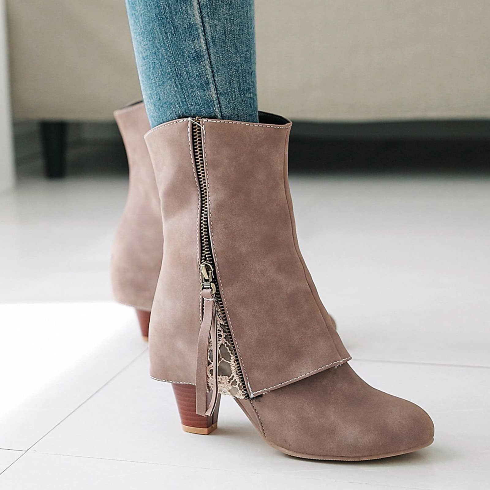 VKEKIEO Thigh High Boots Round Toe High Heel Booties Lace Lace-Up Khaki ...