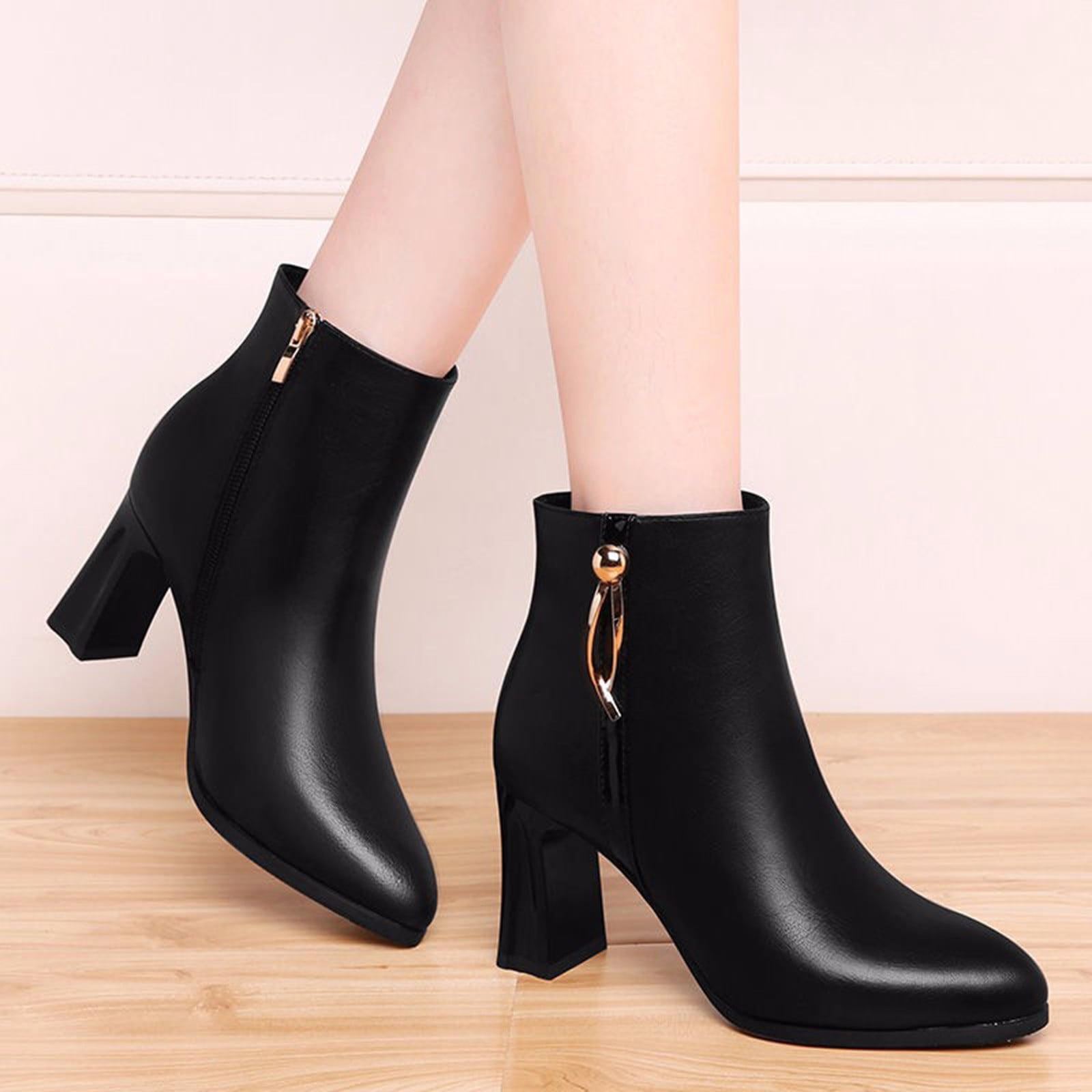 VKEKIEO Thigh High Boots Round Toe High Heel Heels Ornamental Zipper ...