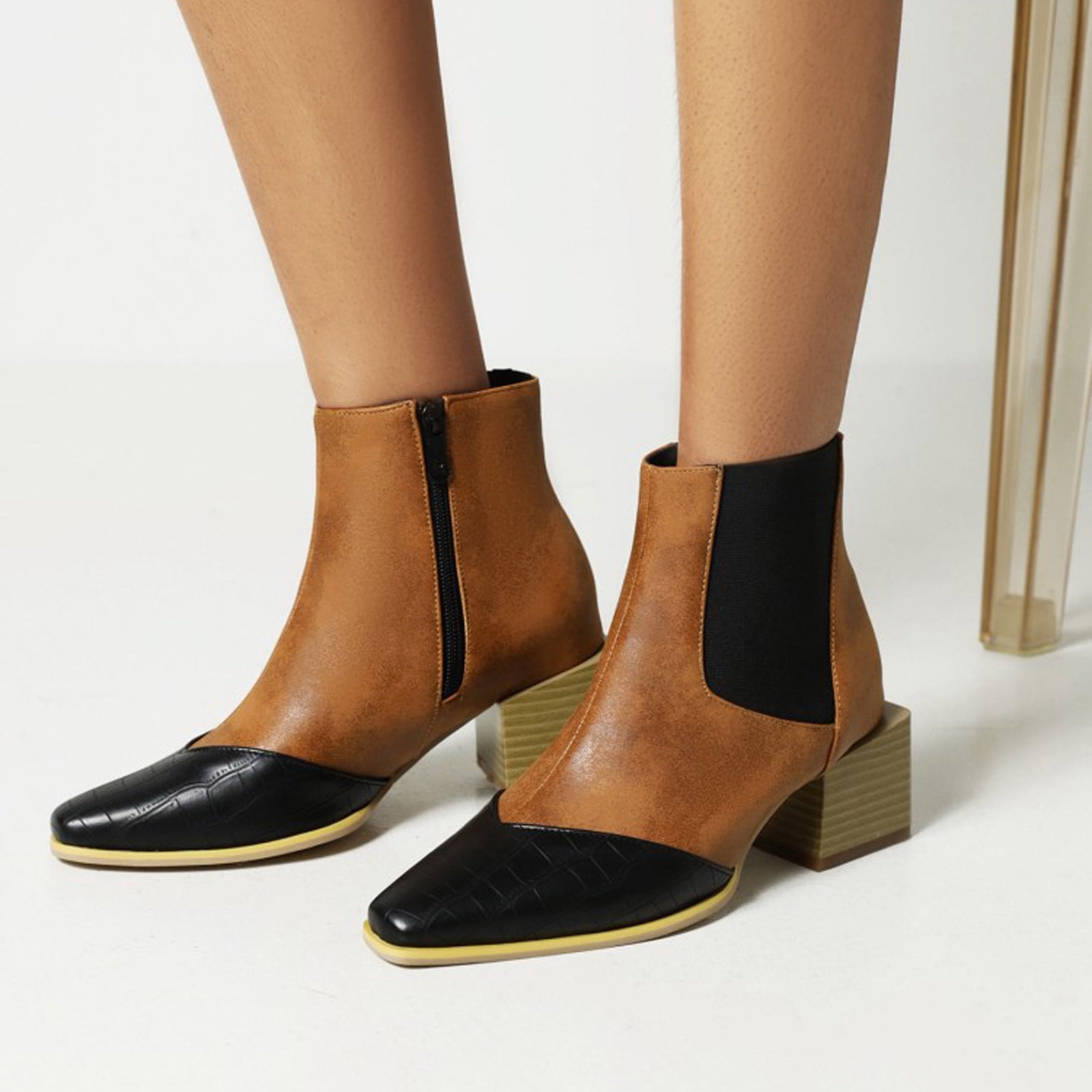 VKEKIEO Thigh High Boots Square Toe Low Heel Booties Ornamental Zipper ...