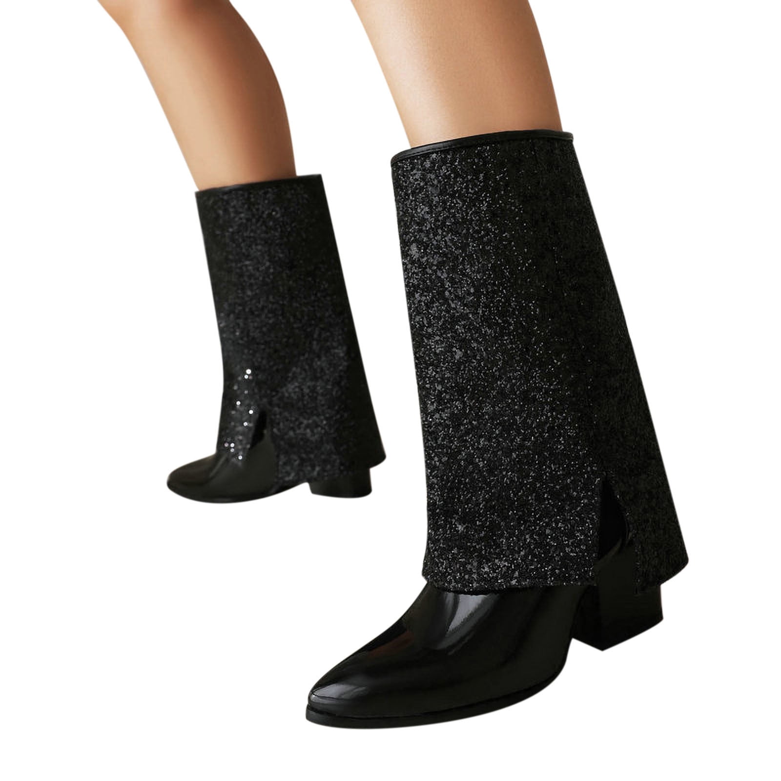 VKEKIEO Thigh High Boots Toe Ring High Heel Heels Sequin Slip-On Black ...