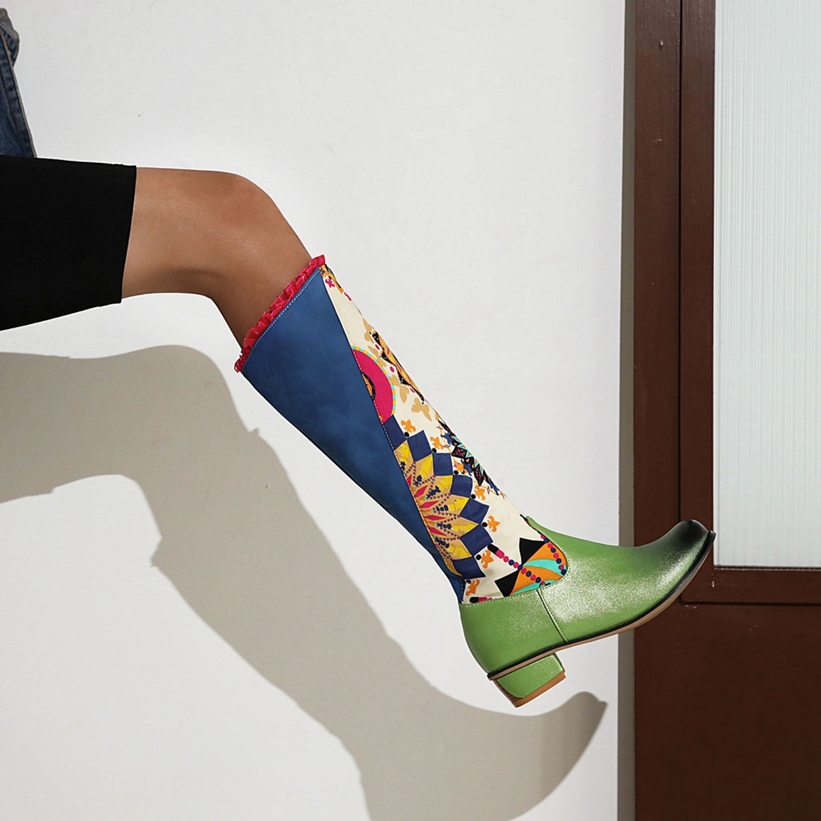 VKEKIEO Wide Calf Knee High Boots Round Toe High Heel Walking Shoes ...