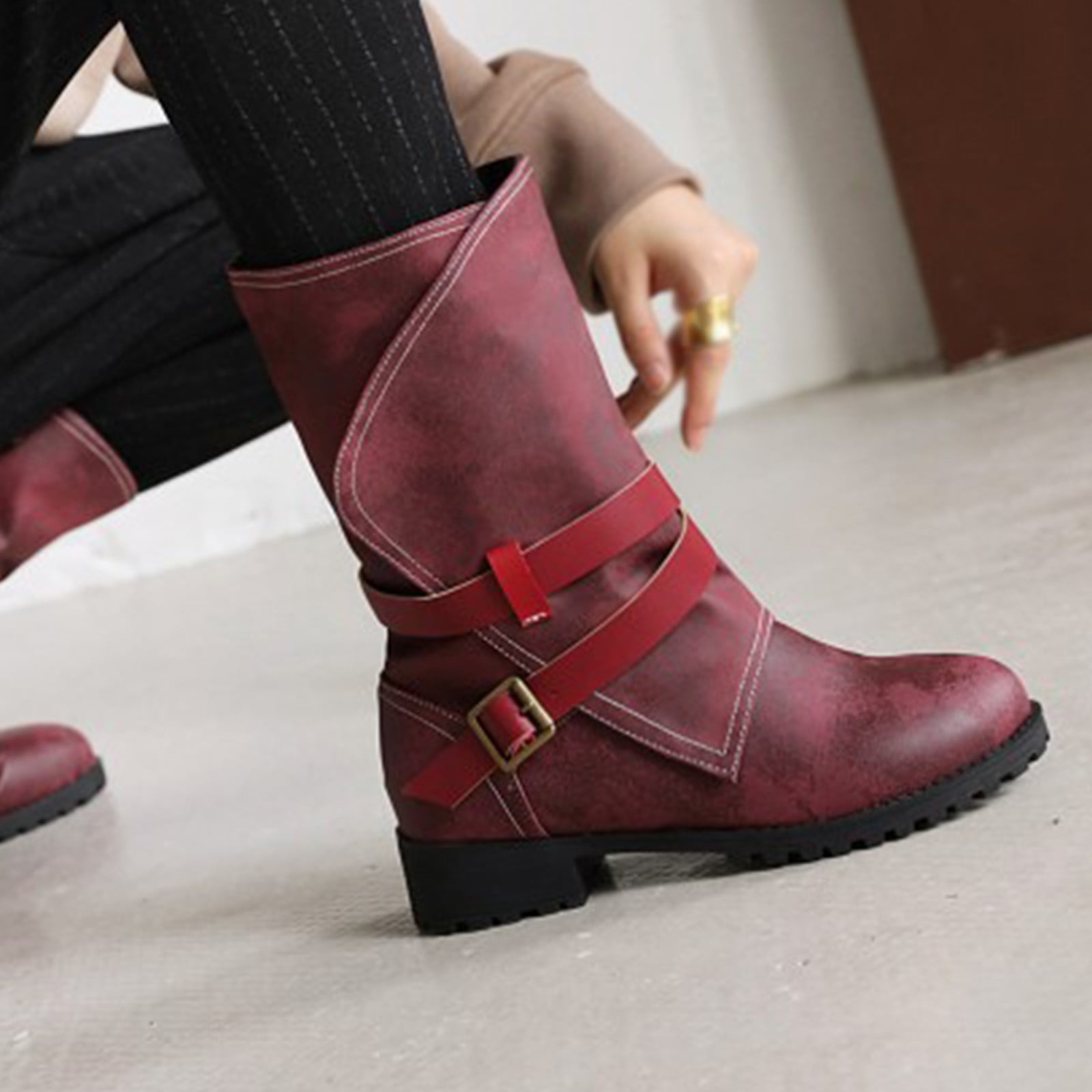 VKEKIEO Women Cowboy Boots Round Toe Mid Heel Heels Buckle Red Winter ...