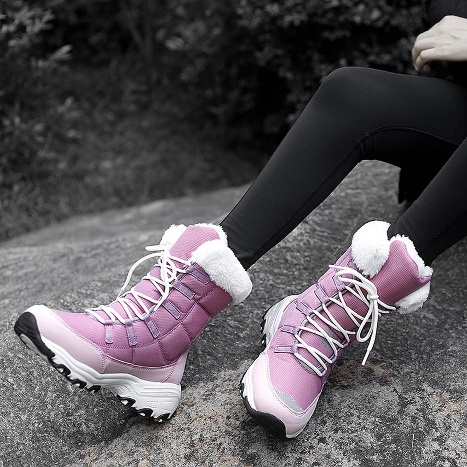 VKEKIEO Women'S Snow Boots Round Toe High Heel Walking Shoes Slip-On ...