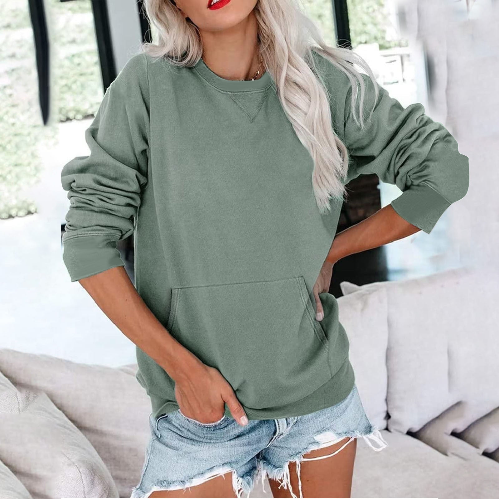 VKEKIEO Womens Sweatshirts Crew Neck Long Sleeve Solid Camping Mint ...