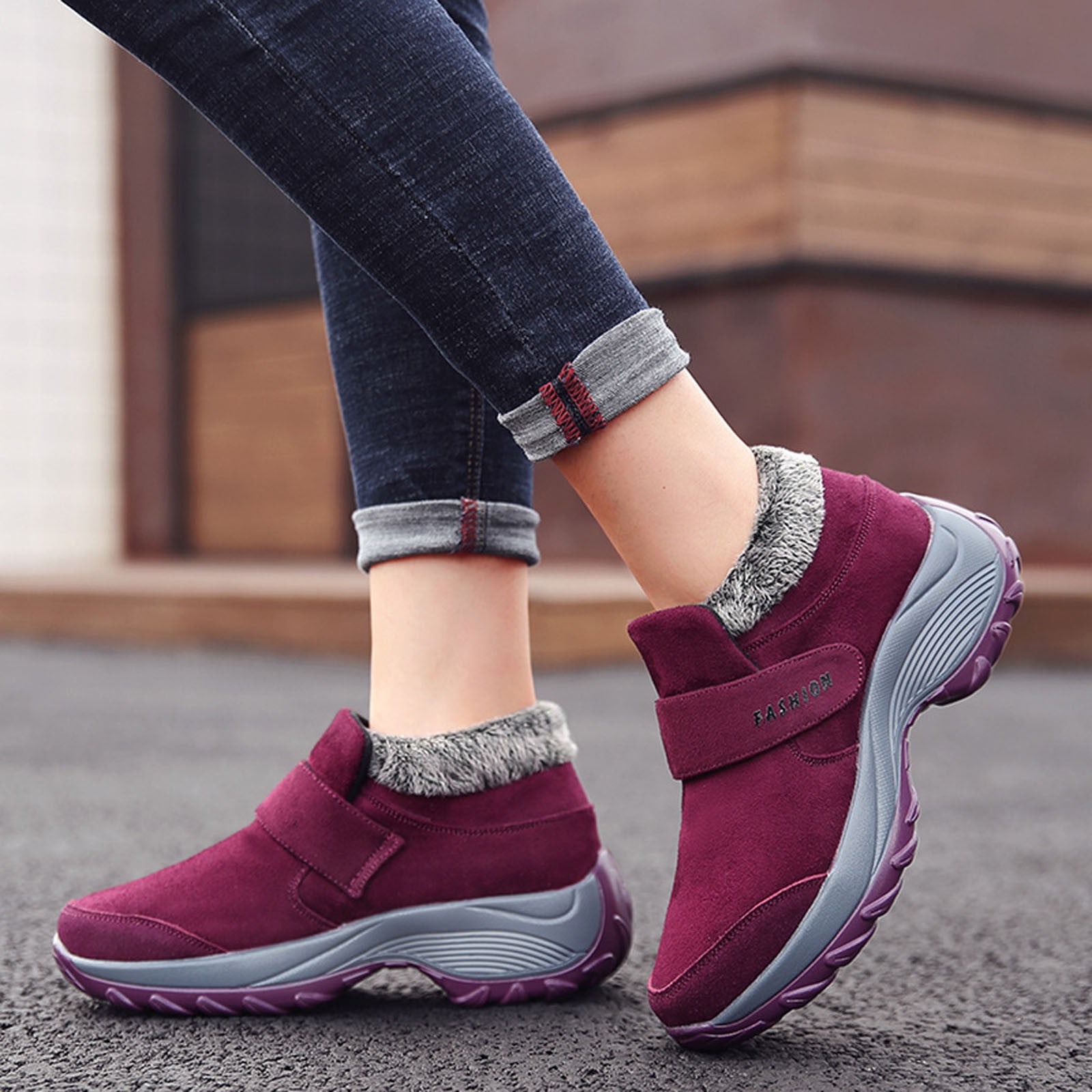 VKEKIEO Womens Waterproof Boots Round Toe Flat Heel Flats Slip-on Red ...