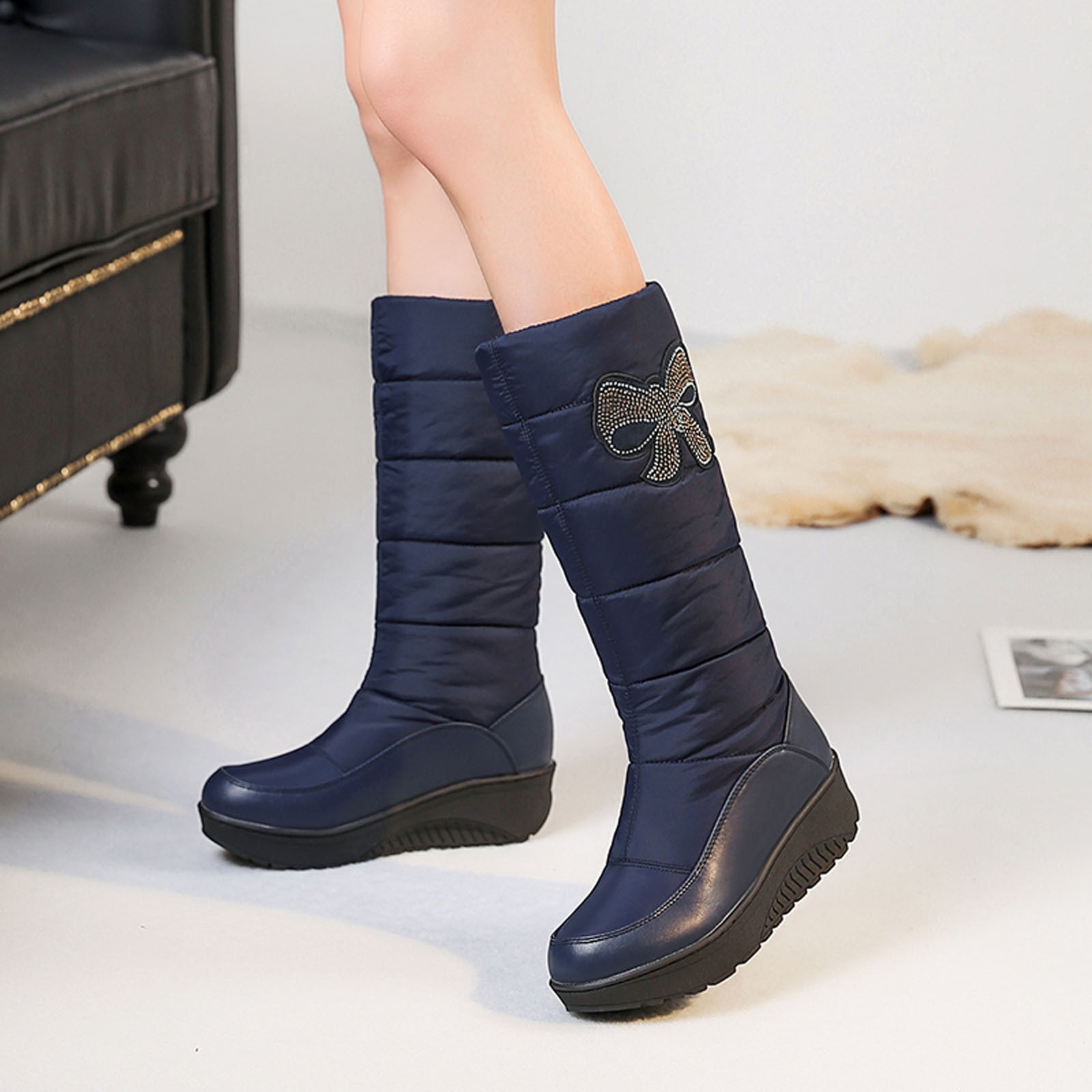 VKEKIEO Womens Winter Boots Round Toe High Heel Walking Shoes Slip-On ...