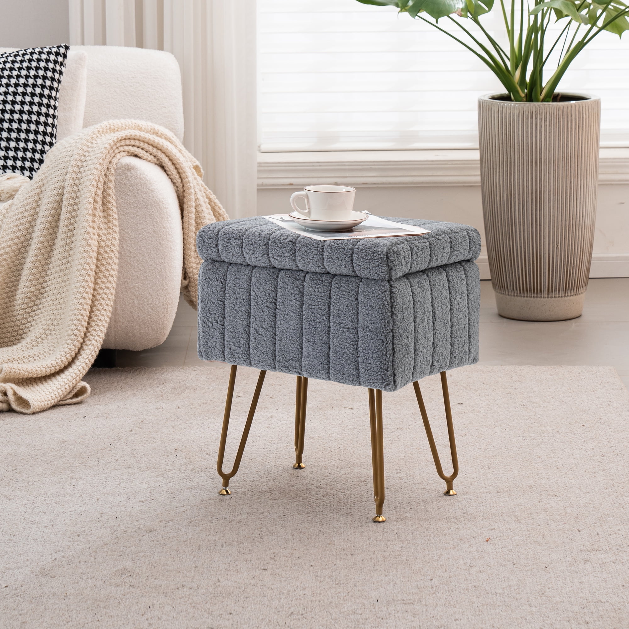 VKNOW Sherpa Ottoman Foot Rest Modern Footstool with Storage Space Stool Chair Metal Legs for ...