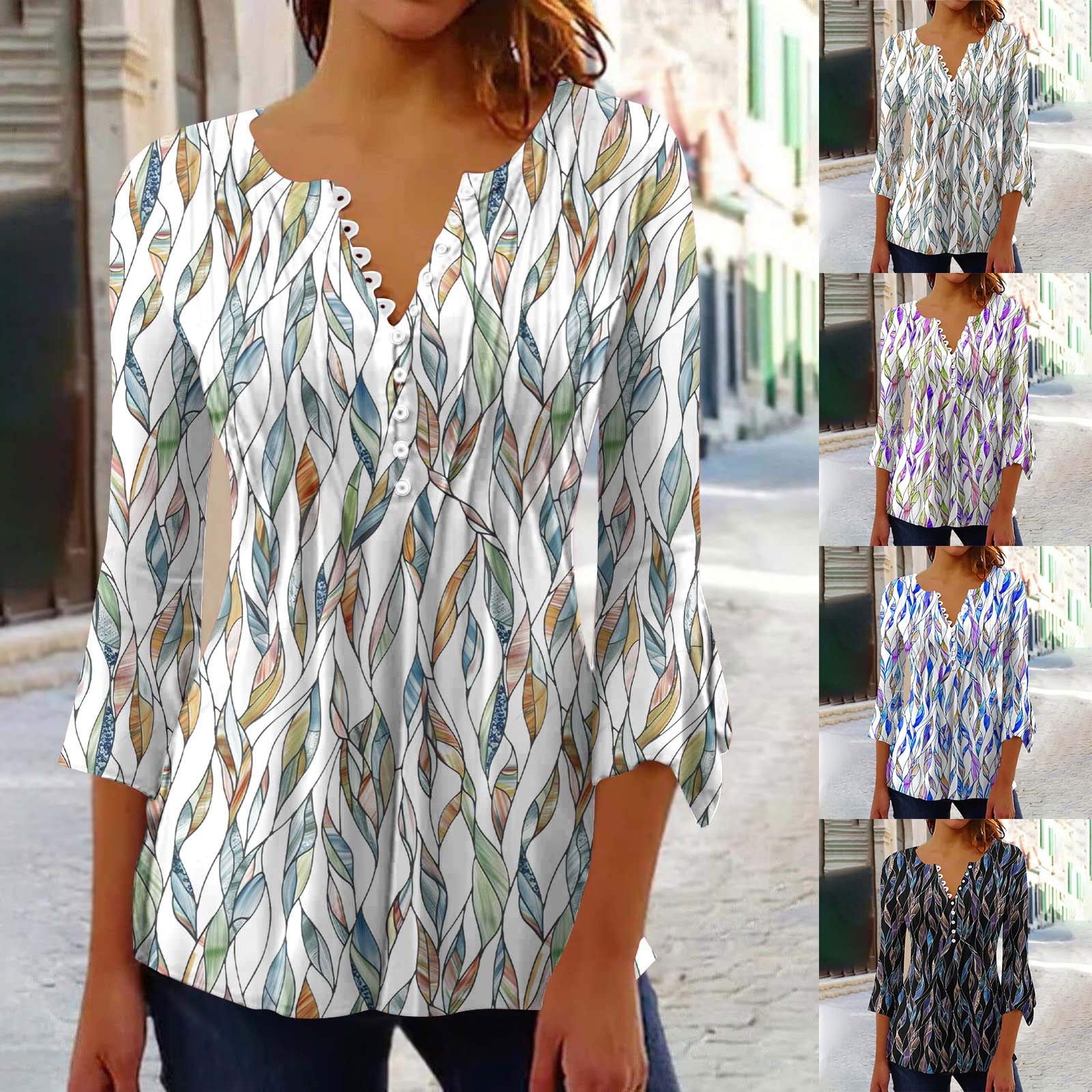VKOYWKM 3/4 Length Sleeve Womens Tops Hide Belly Shirts Summer Pleated ...
