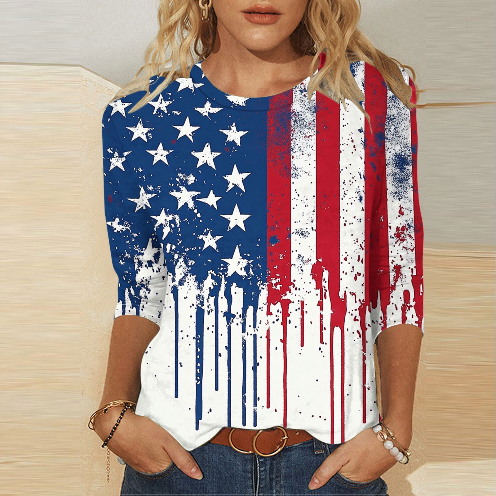 VKOYWKM 3/4 Sleeve Tops for Women 4th of July Independence Day Shirts ...