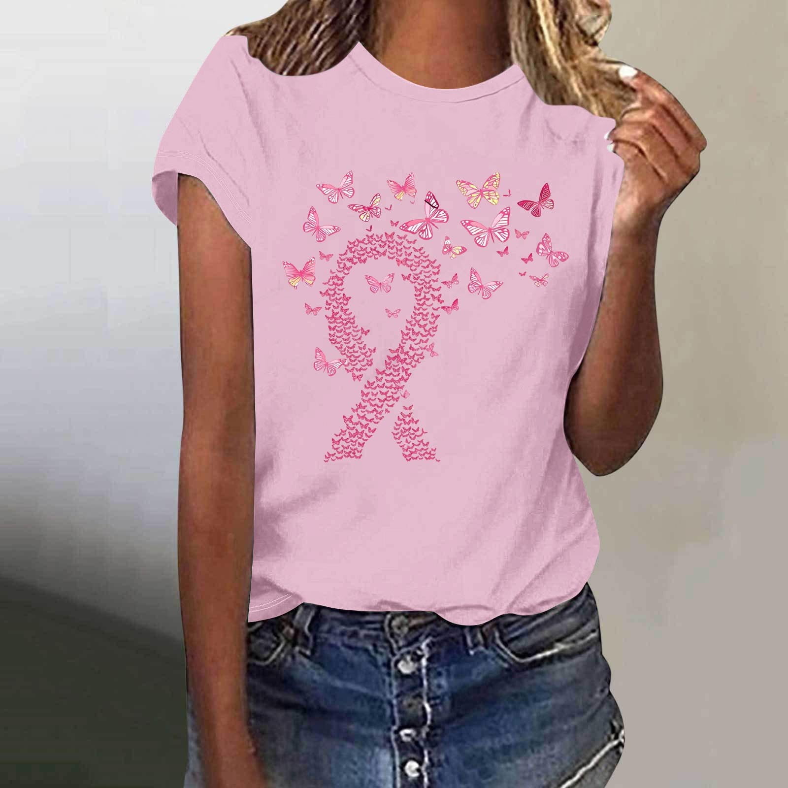 VKOYWKM Breast Cancer Awareness Shirts Women Pink Ribbon Breast Cancer T-Shirt Inspirational ...
