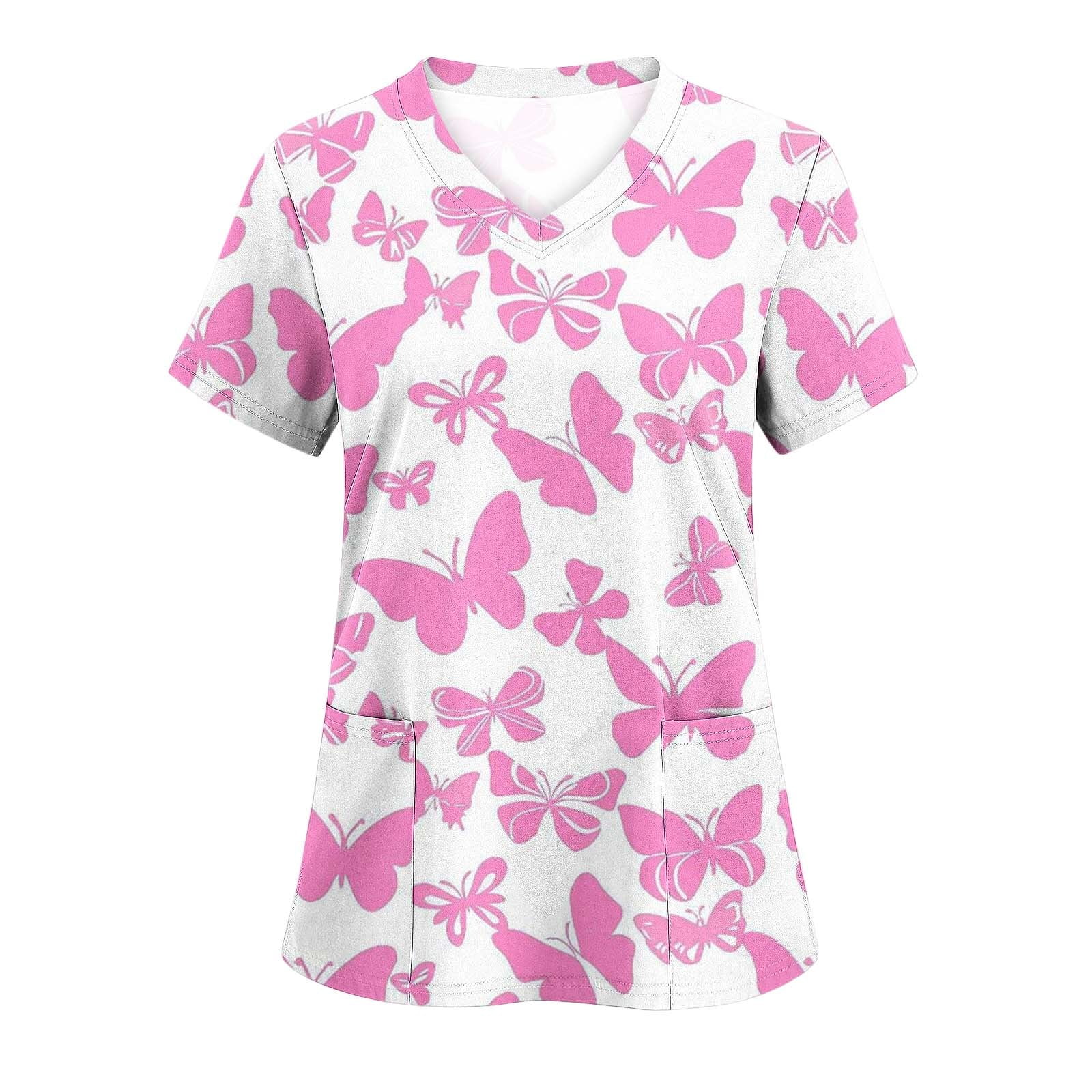 VKOYWKM Breast Cancer Scrubs for Women V Neck Pink Ribbon Nurse ...